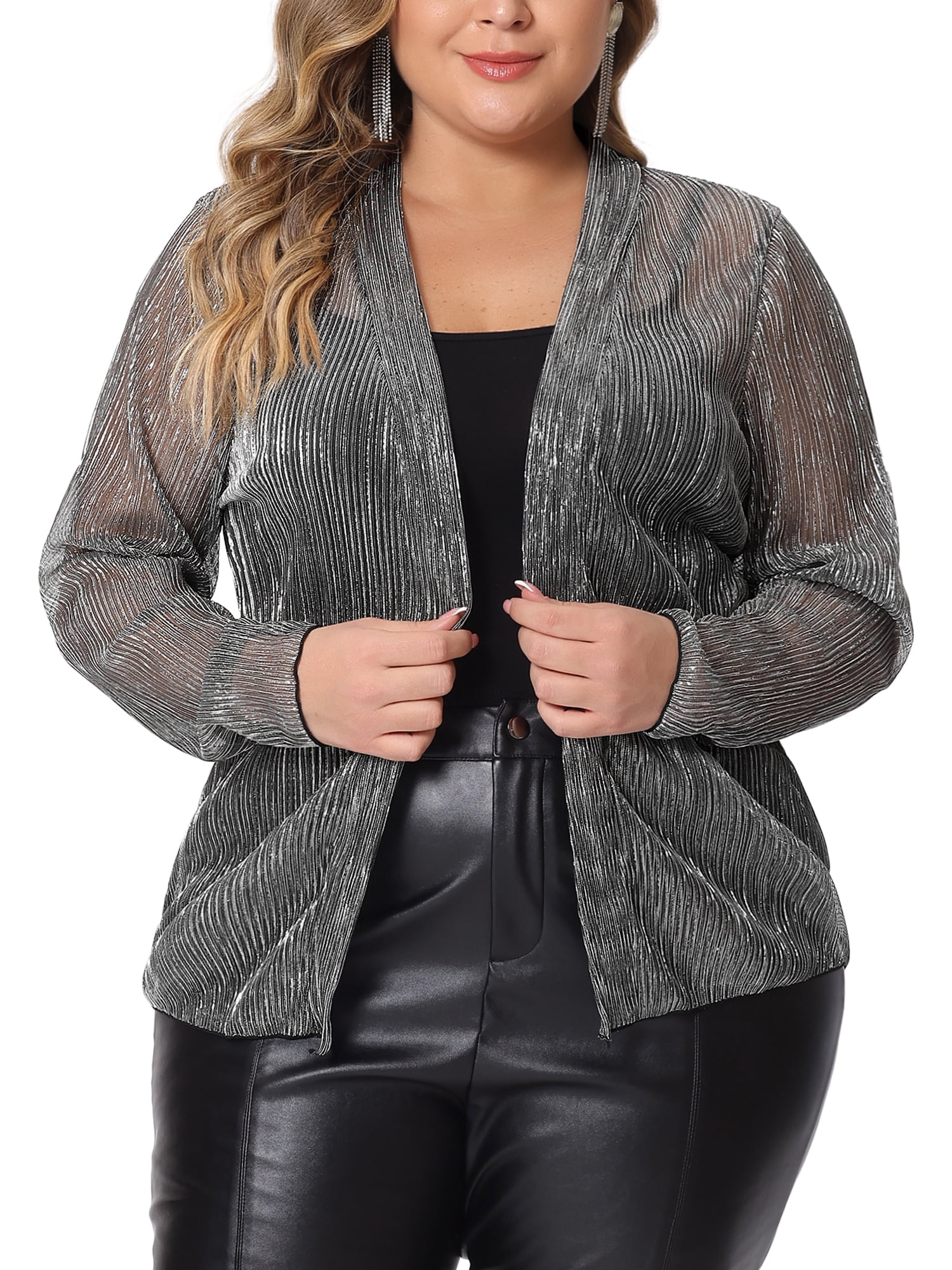 Agnes Orinda Women's Plus Size Cardigan Open Front Metallic Sheer Shrug ...