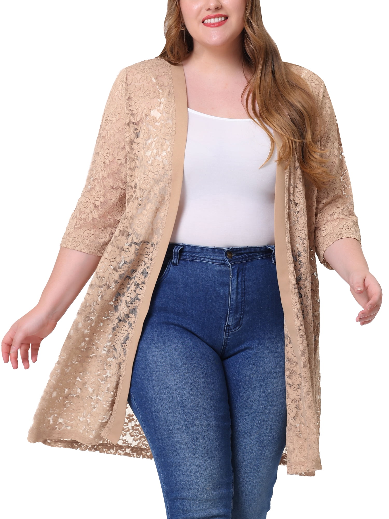 Agnes Orinda Women's Plus Size Open Front Lace Hollow Out Midi Cardigan ...