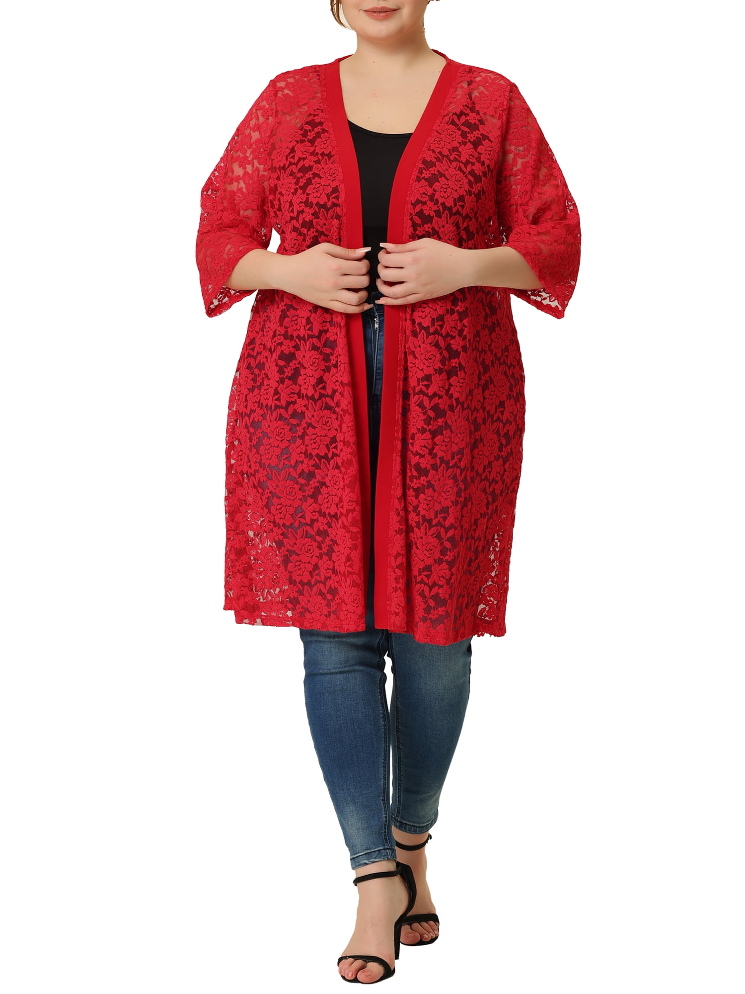 Agnes Orinda Women's Plus Size Lace Cardigan, Lightweight Knit, 3/4 ...