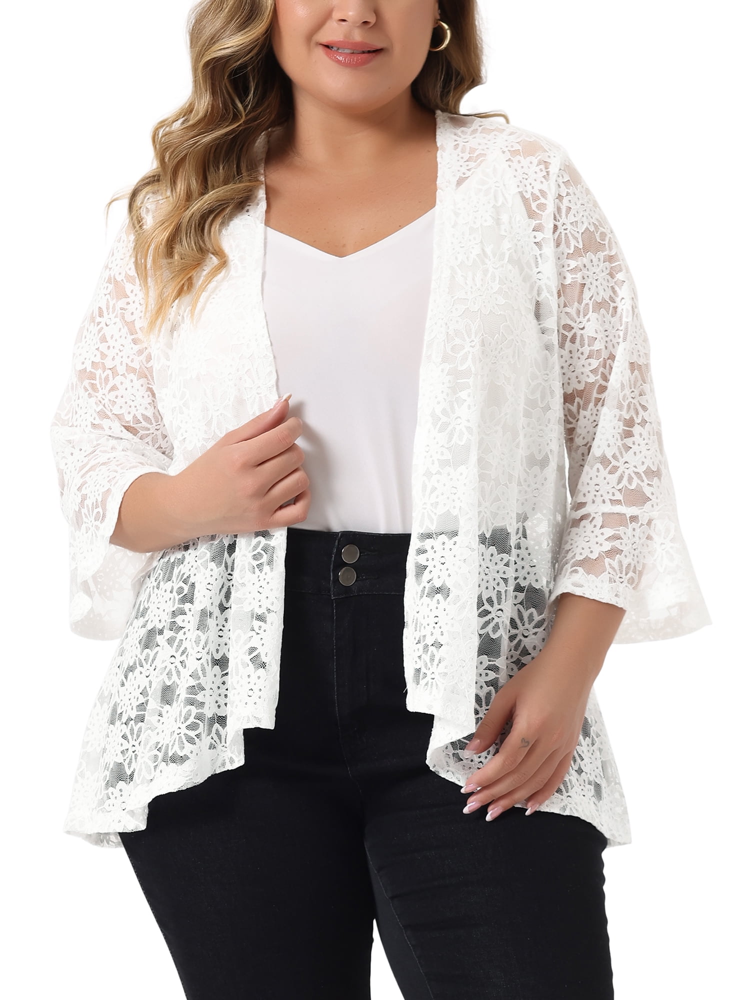 Agnes Orinda Women's Oversized Plus Size Sheer Lace Cardigan with Open ...