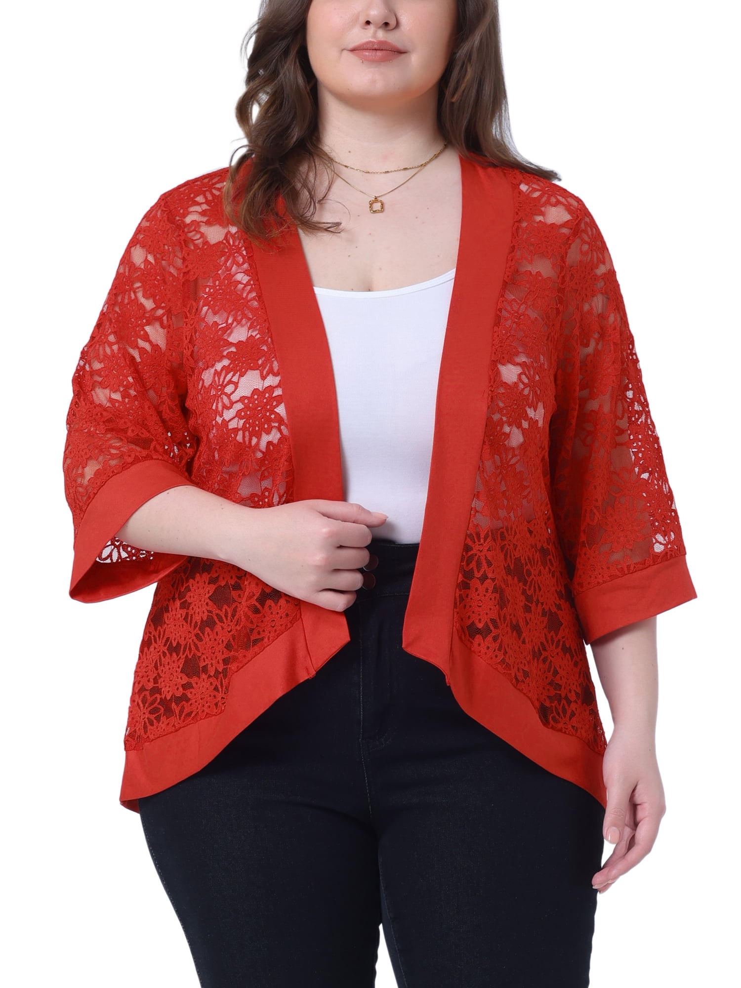 Agnes Orinda Women's Plus Size Cardigan Lace Crochet 3/4 Sleeves ...