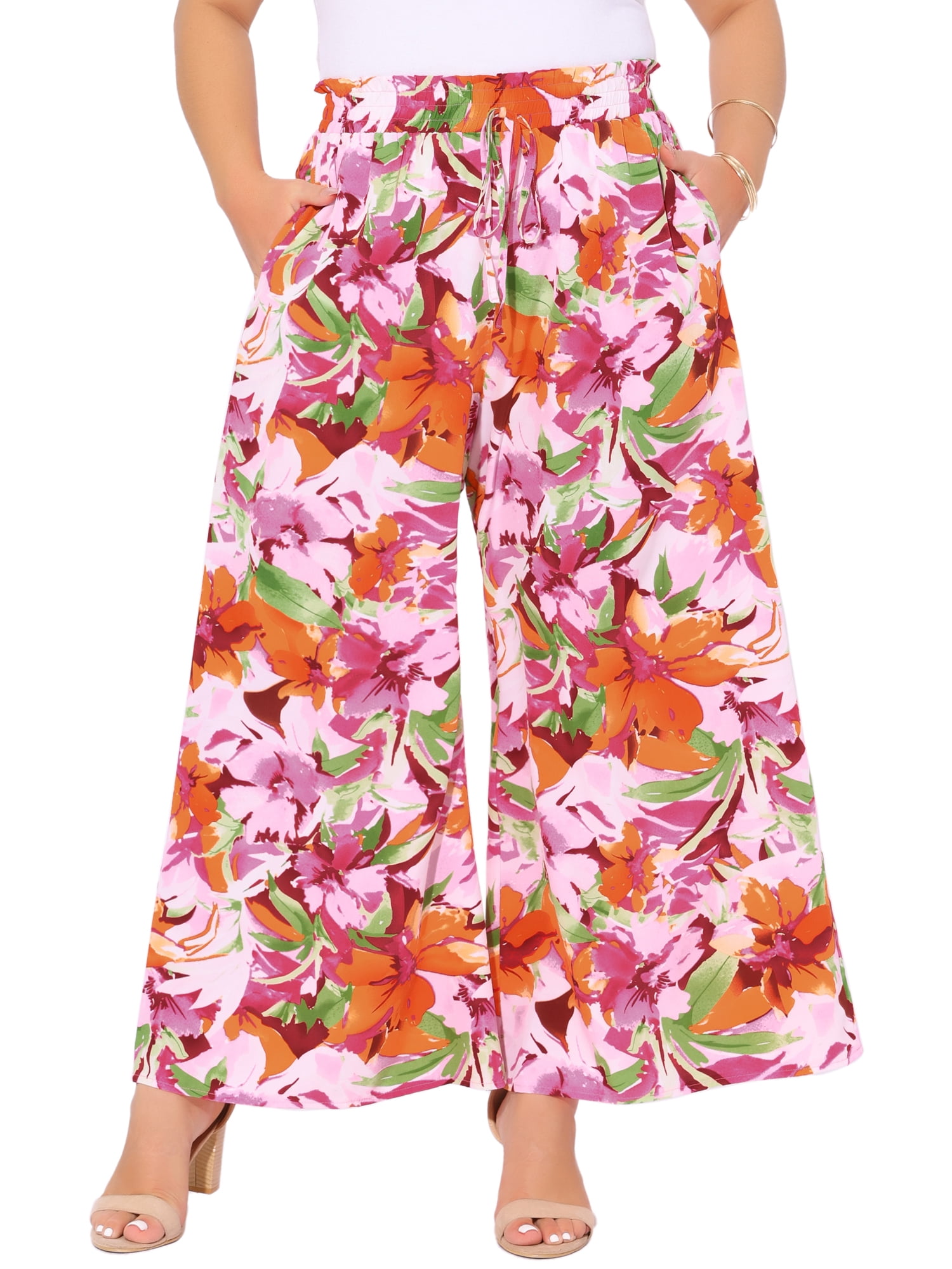 Agnes Orinda Women's Plus Size Floral Wide Leg Pants Rise Front Tie ...