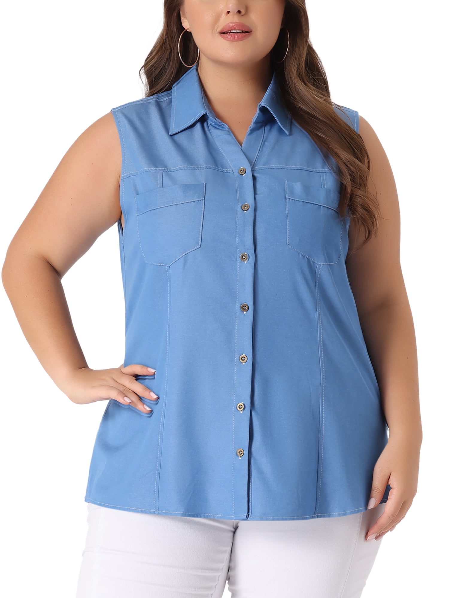 Agnes Orinda Women's Plus Size Chambray Sleeveless Button Work Shirts ...