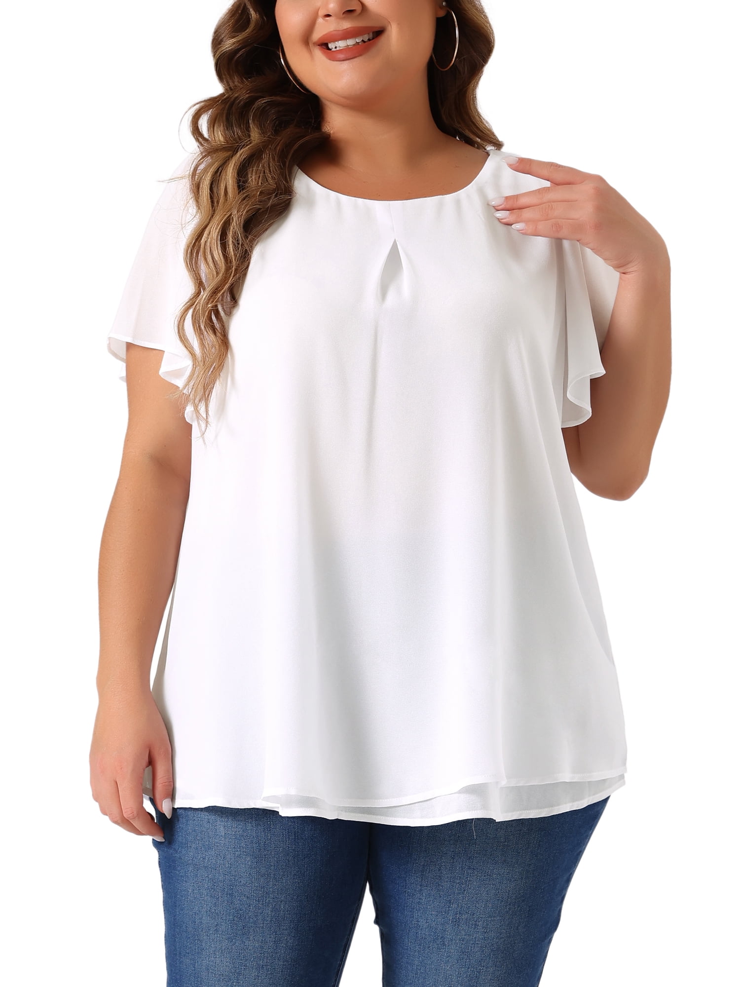 Agnes Orinda Women's Plus Size Chiffon Blouse Ruffle Short Sleeves ...
