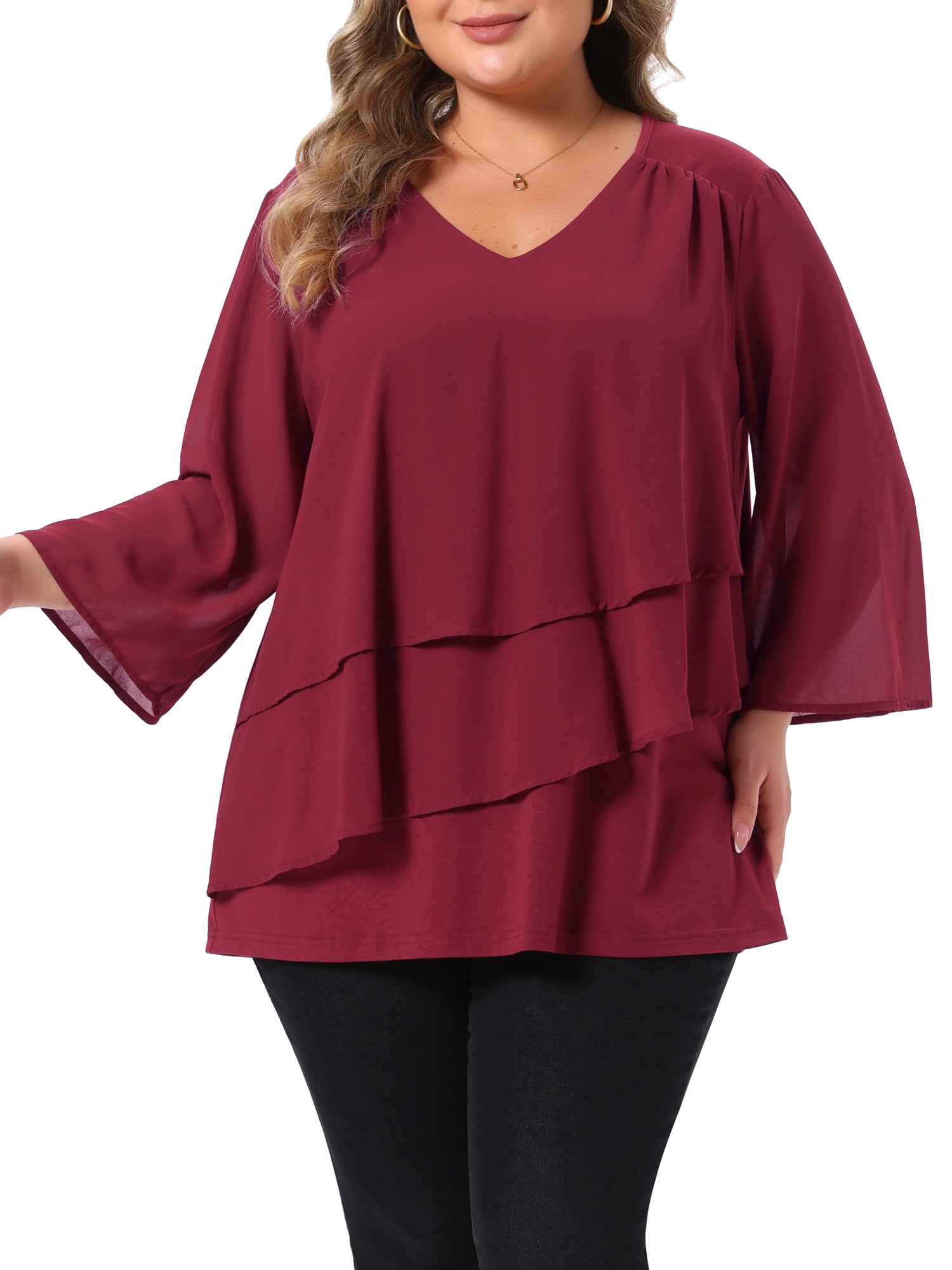 Agnes Orinda Women's Plus Size Chiffon Blouse V Neck 3/4 Sleeve Front ...
