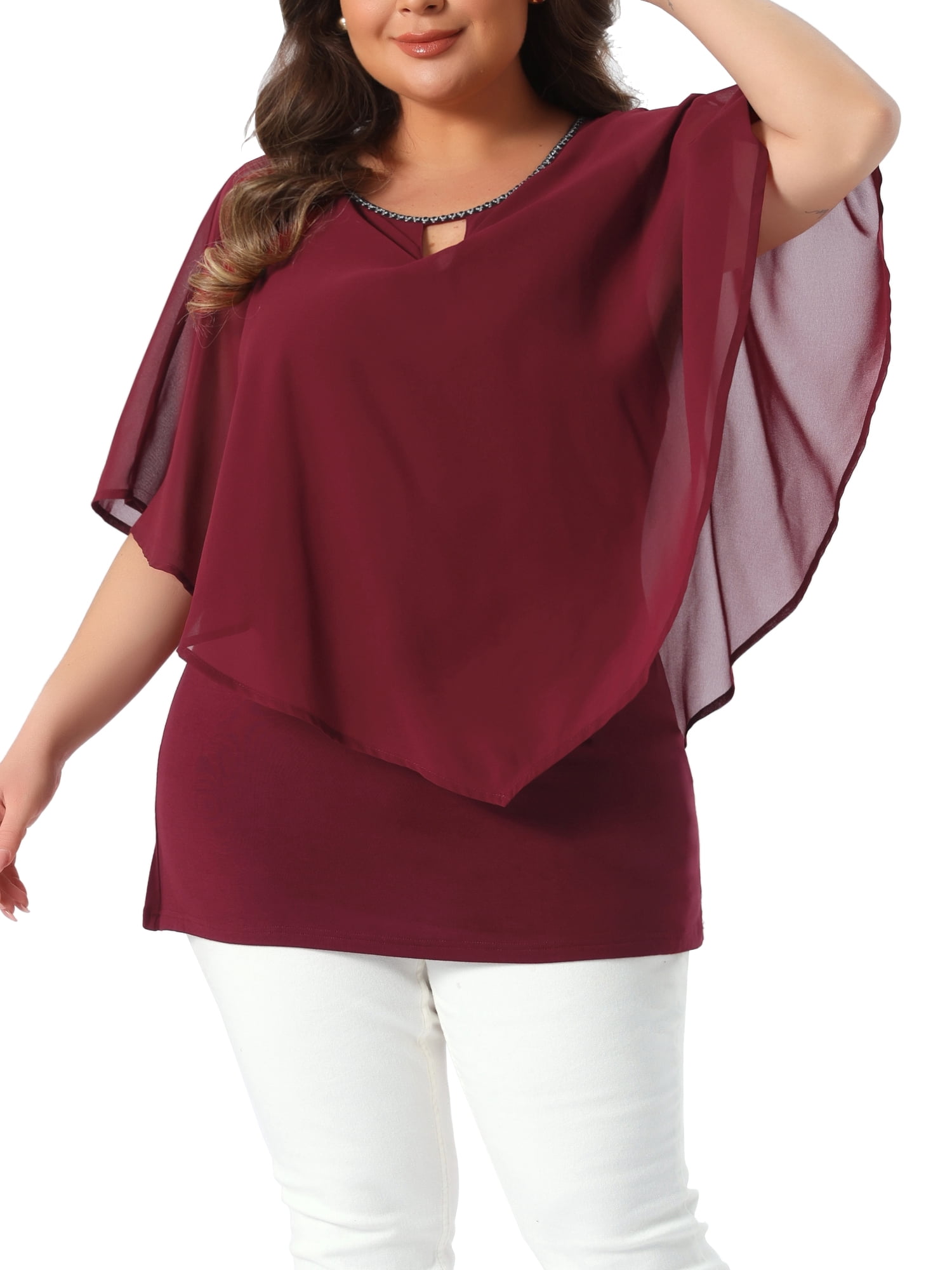 Agnes Orinda Women's Plus Size Chiffon Tops Double-Layered Overlay ...