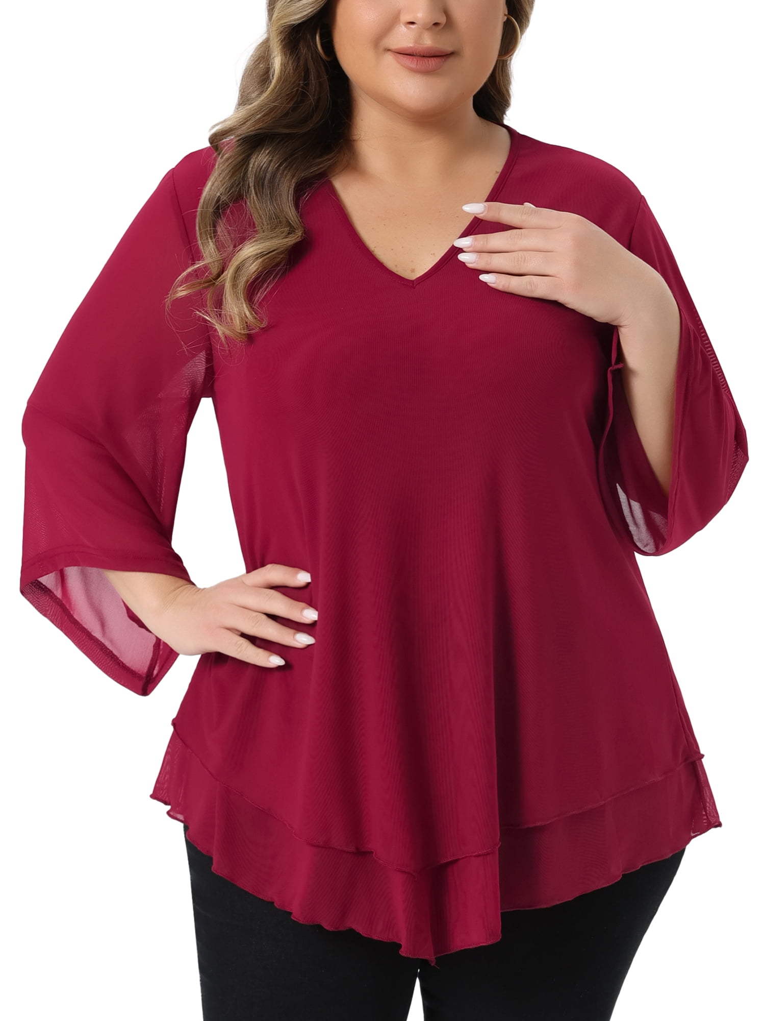 Agnes Orinda Plus Size Shirt for Women 3/4 Sleeve Scoop Neck Double ...
