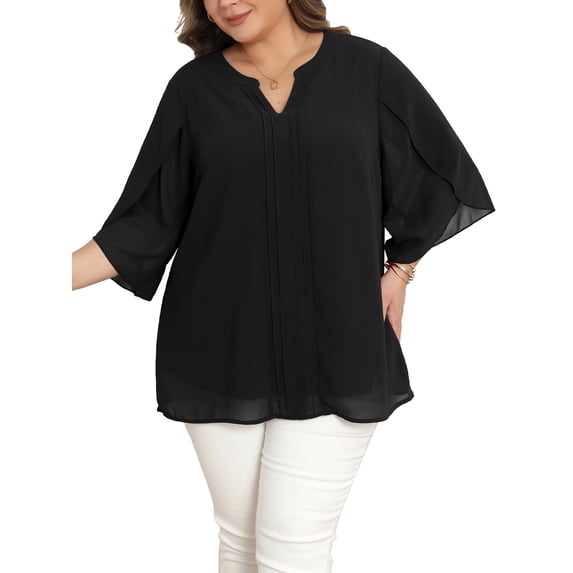 Agnes Orinda Women's Plus Size Chiffon Tops Notch V Neck 3/4 Tulip ...