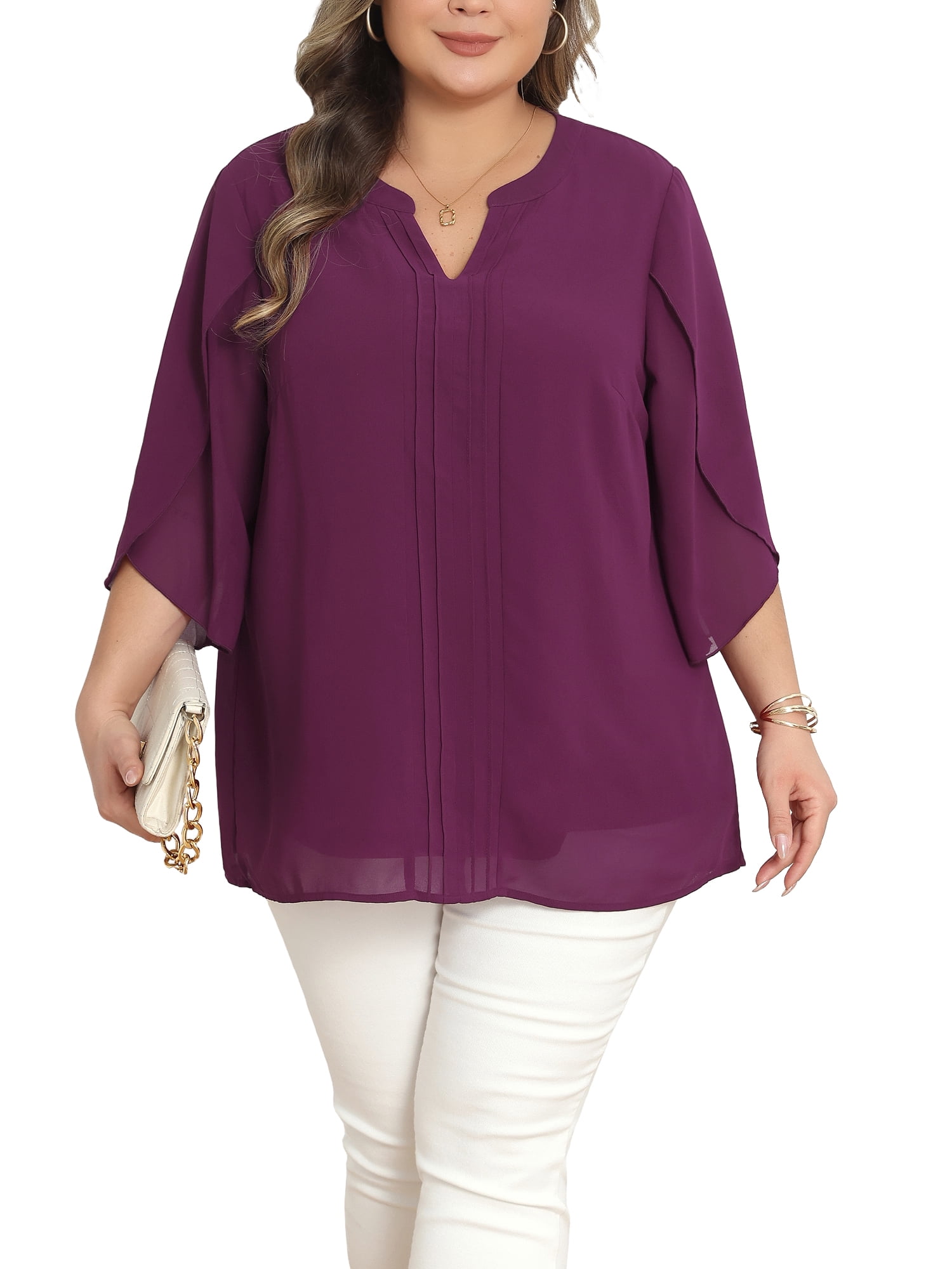 Agnes Orinda Women's Plus Size Chiffon Tops Notch V Neck 3/4 Tulip ...