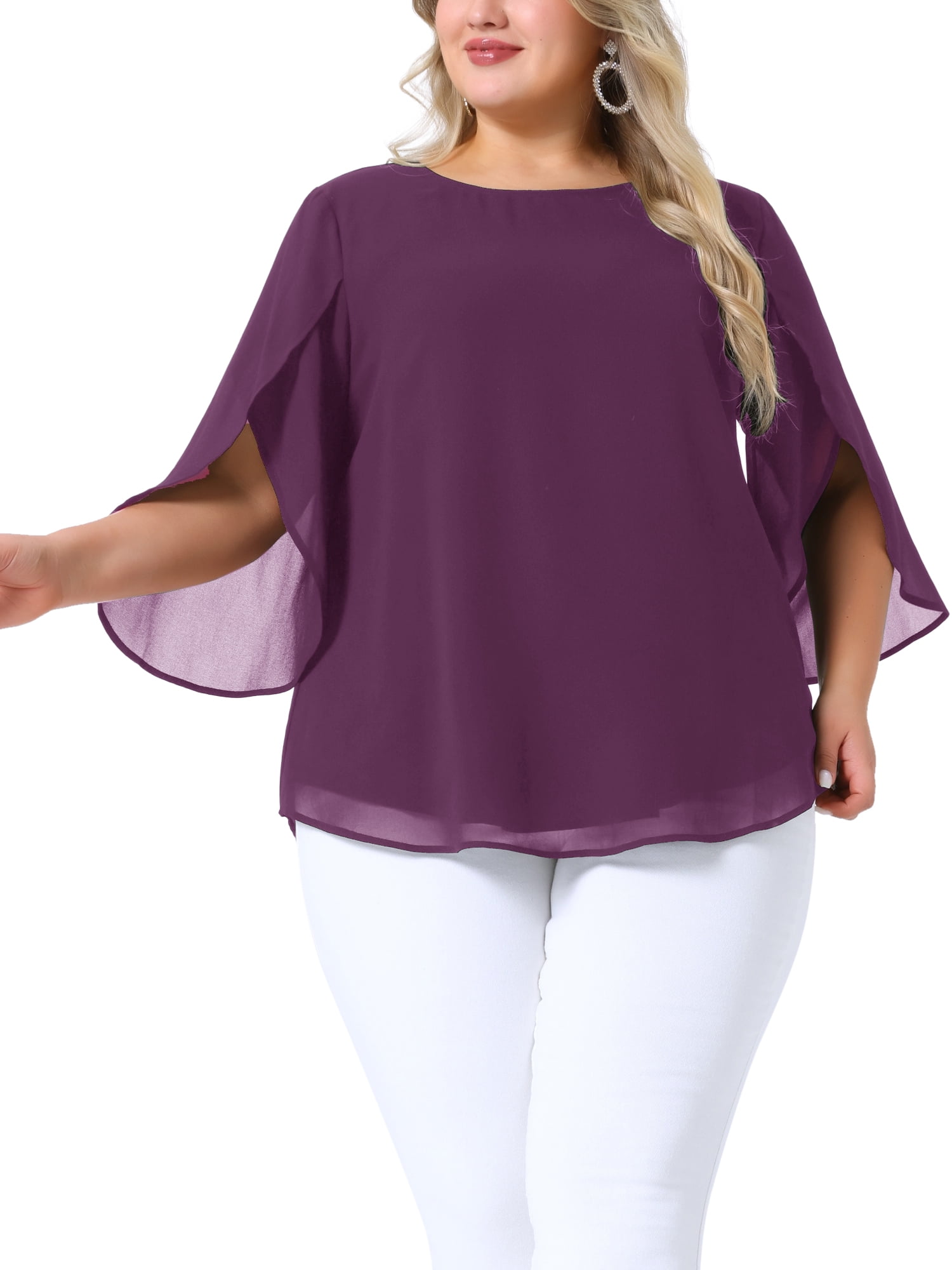 Agnes Orinda Women's Plus Size Chiffon Tops Petal 3/4 Sleeve Crew Neck ...