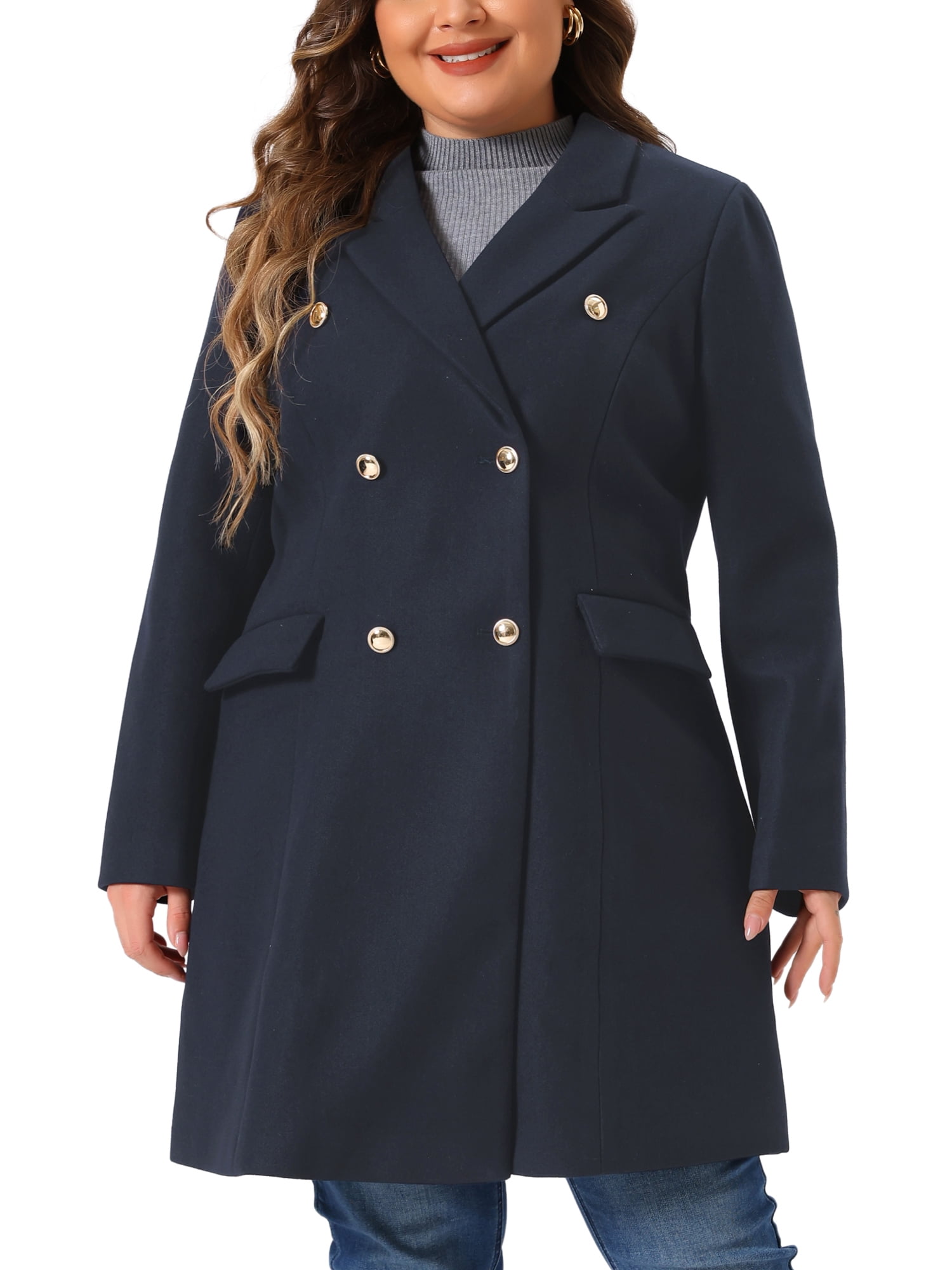 Agnes Orinda Women's Plus?Size?Coat Long?Sleeve?Lapel Collar Double ...