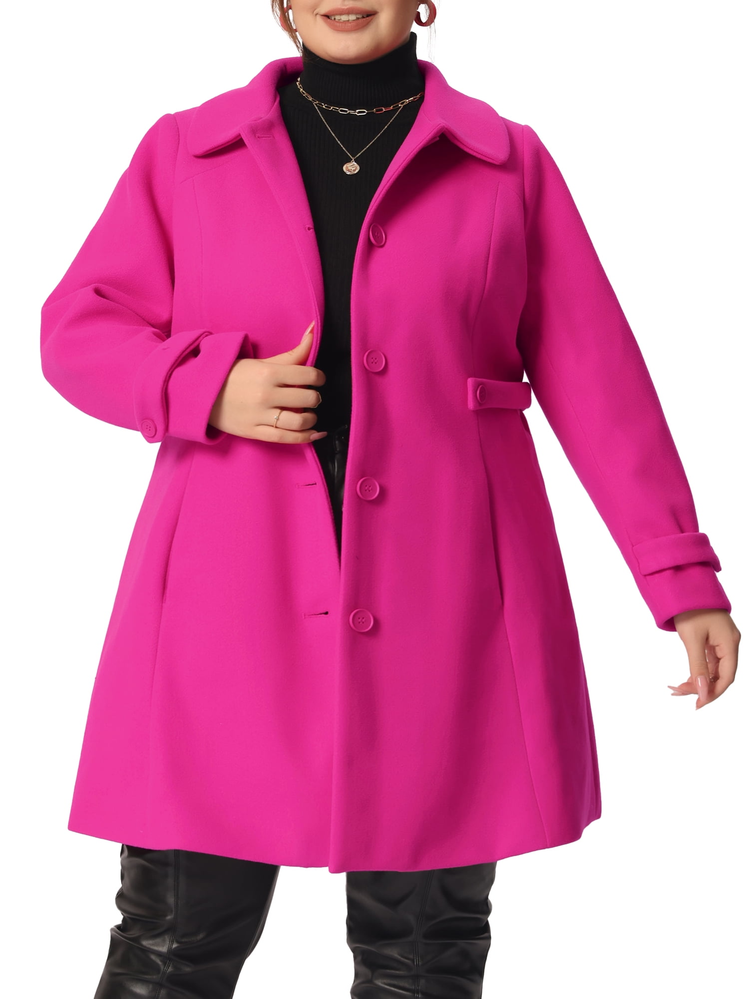 Agnes Orinda Women's Plus Size Hot Pink Trench Coat, Elegant Single ...