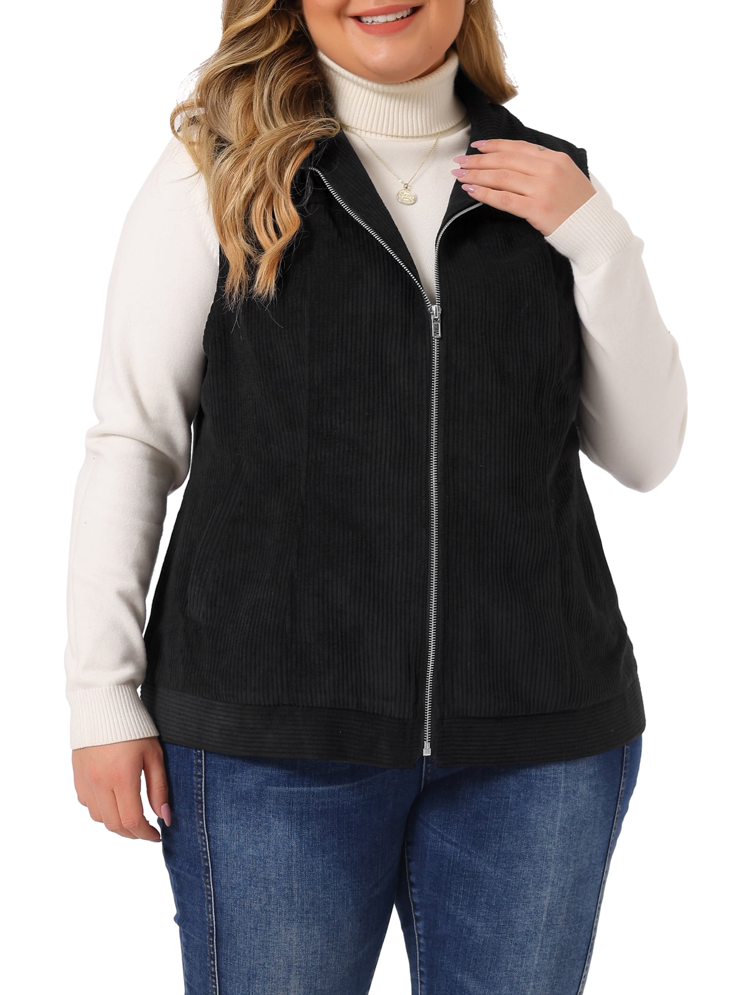 Agnes Orinda Women's Plus Size Vest Zipper Side Pocket Casual Corduroy ...