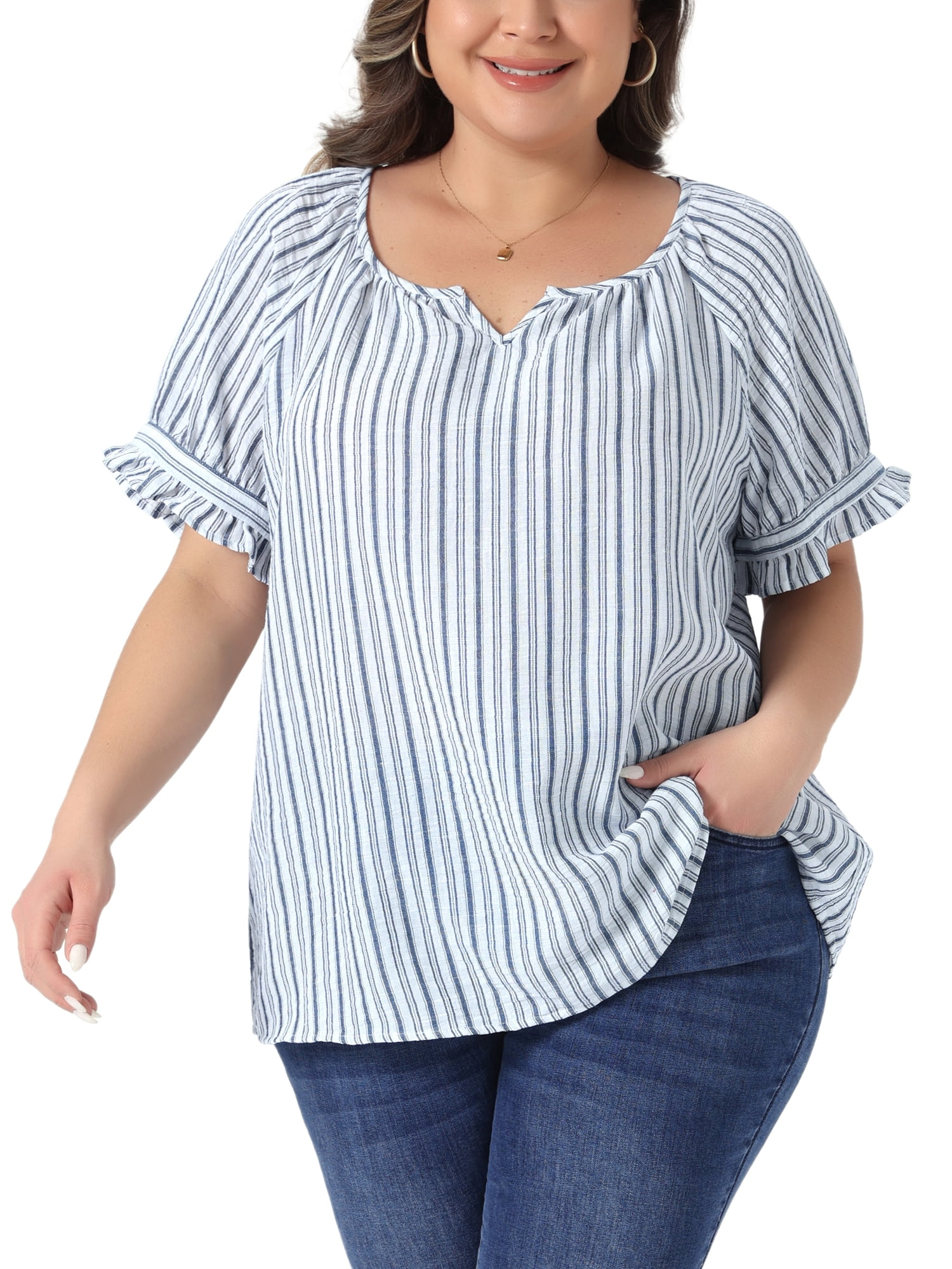 Agnes Orinda Women's Plus Size Cotton Lined Top Stripes Notch V Neck ...