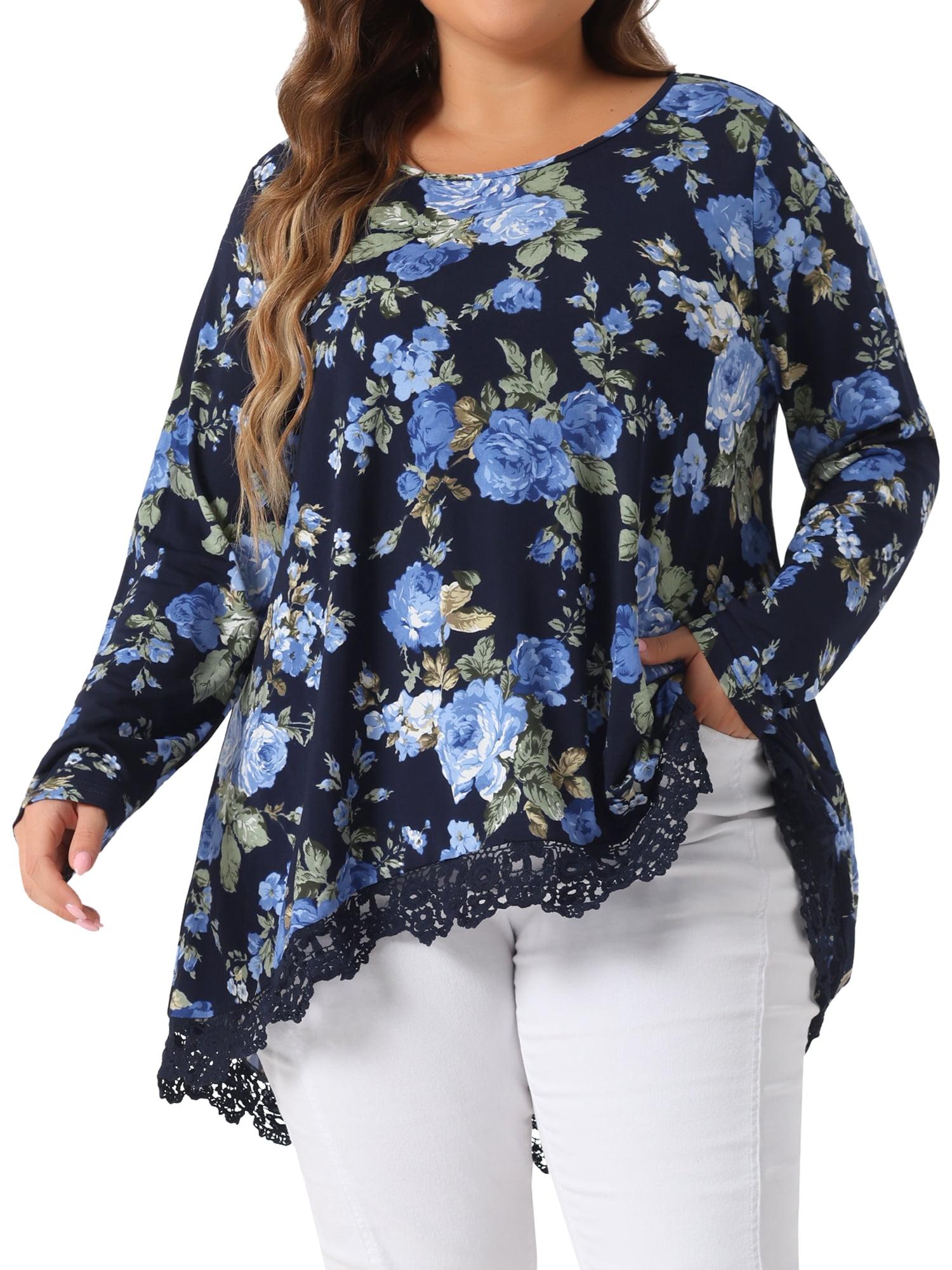 Agnes Orinda Women's Plus Size Crew Neck Lace Trim A-Line High Low Hem ...