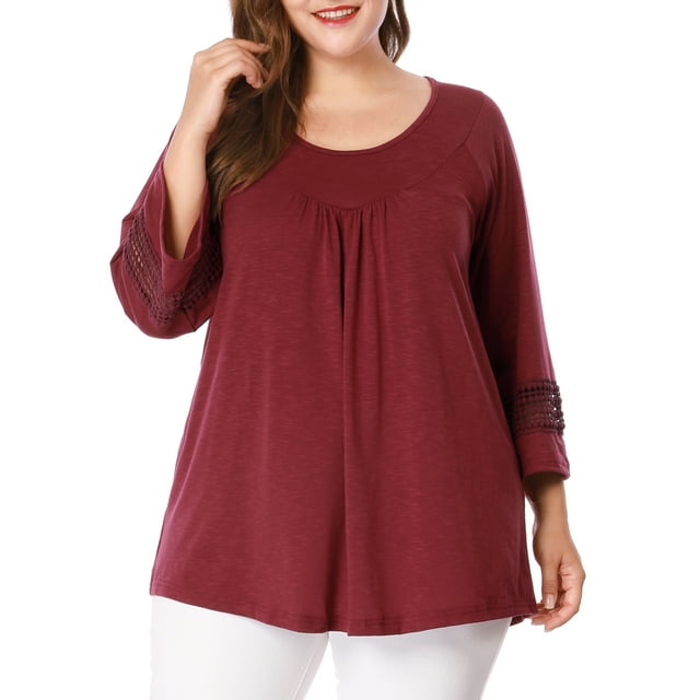 Agnes Orinda Women's Plus Size Crochet Panel Tops Long Sleeve Hollow ...