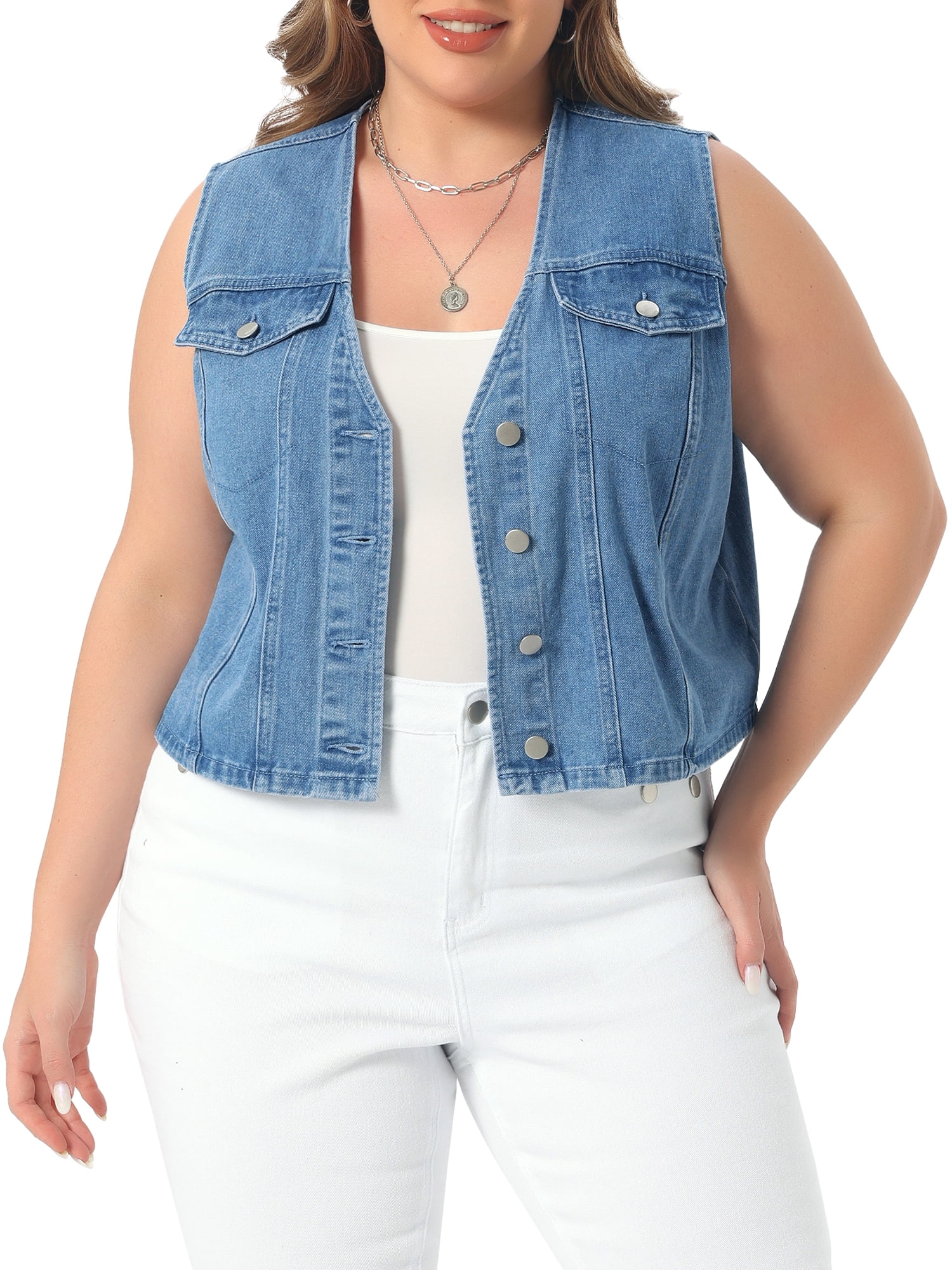 Agnes Orinda Women's Plus Size Cropped Denim Vest Button Down V Neck ...