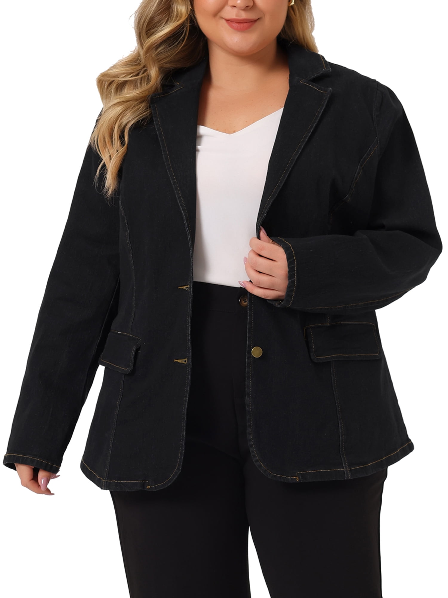 Agnes Orinda Women's Plus Size Denim Blazer Notched Lapel Button Work ...