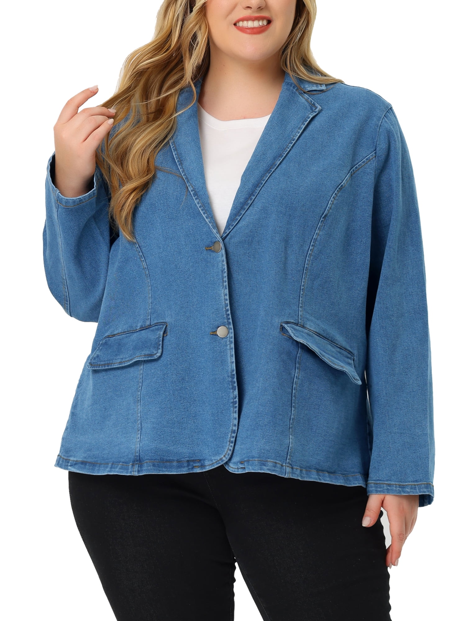 Agnes Orinda Women's Plus Size Denim Blazer Notched Lapel Button Work ...