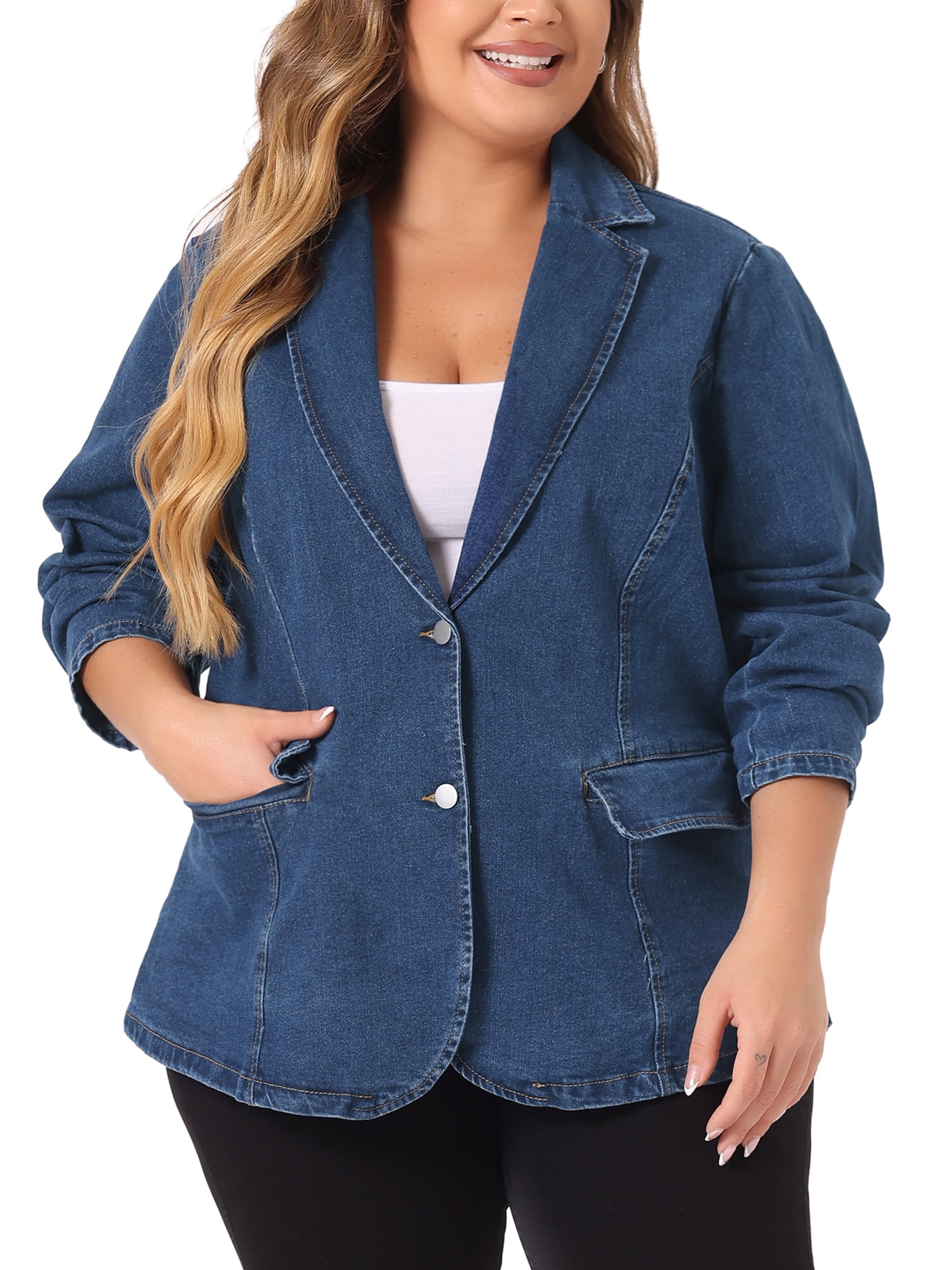 Agnes Orinda Women's Plus Size Denim Blazer Notched Lapel Button Work ...