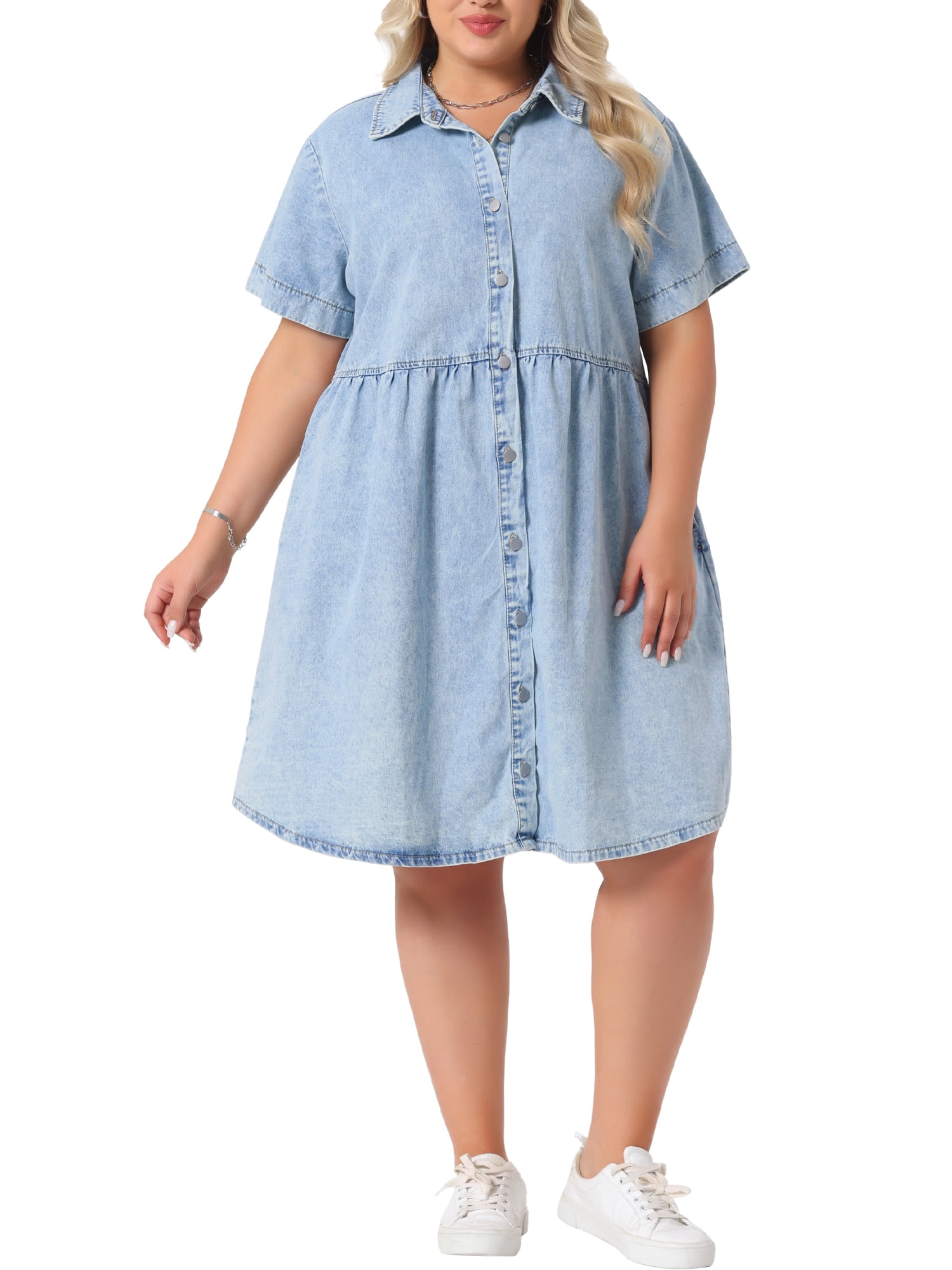 Agnes Orinda Women's Plus Size Babydoll Denim Dress Button Down Lapel ...