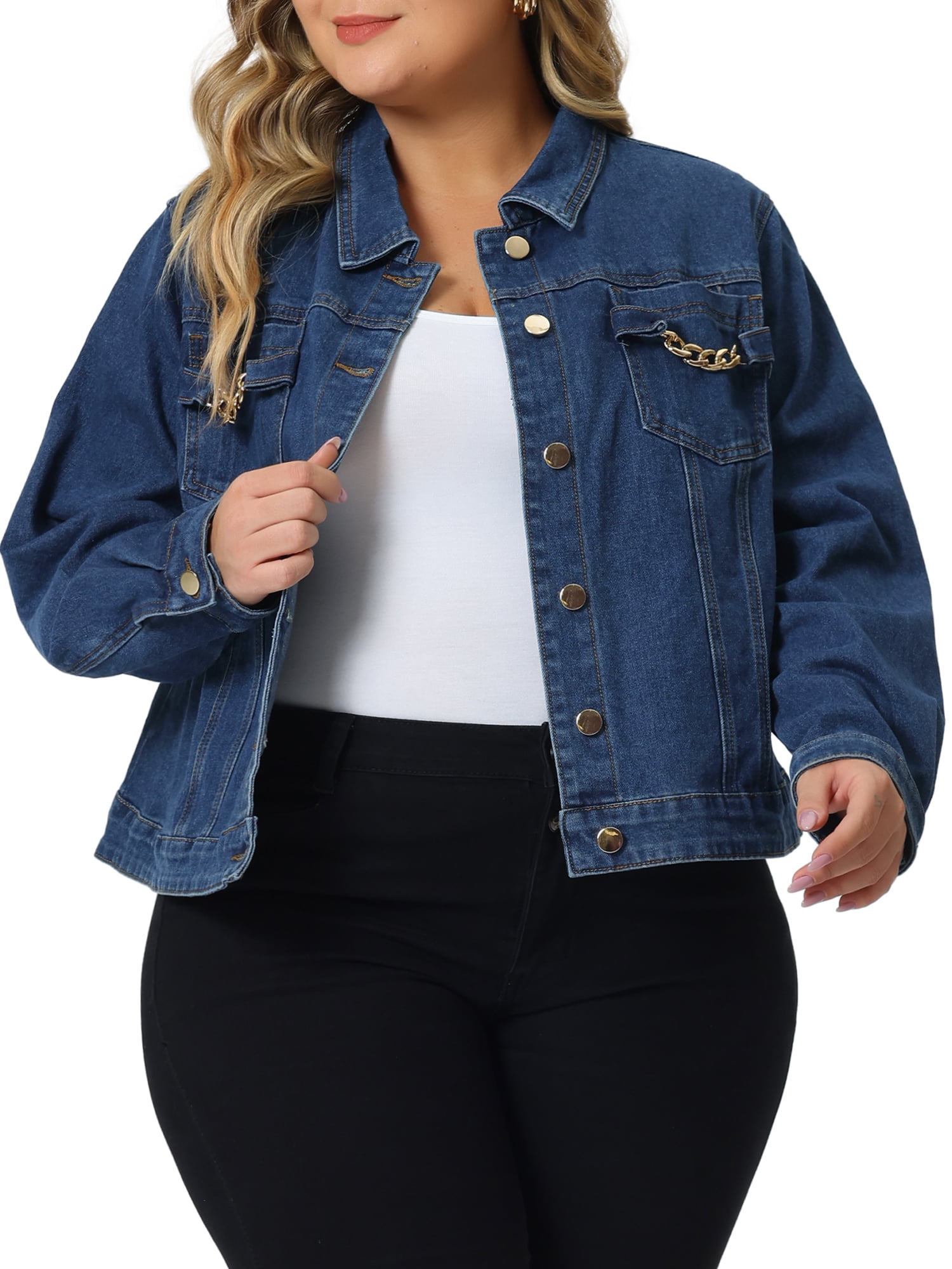 Agnes Orinda Women' s Plus Size Denim Jacket Chain Button Jean Outwear ...