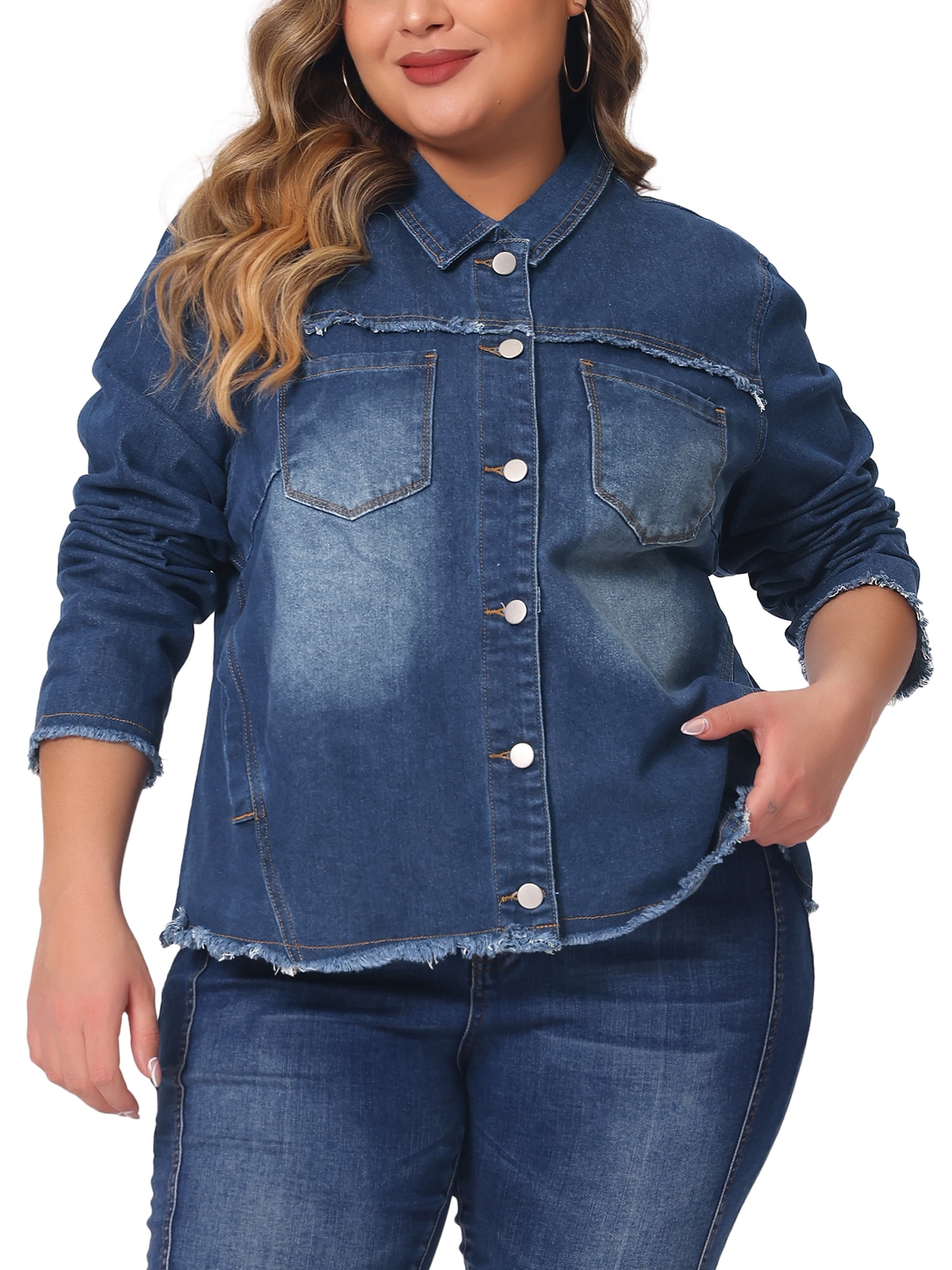 Agnes Orinda Women' s Plus Size Denim Jacket Frayed Hem Long Sleeve ...