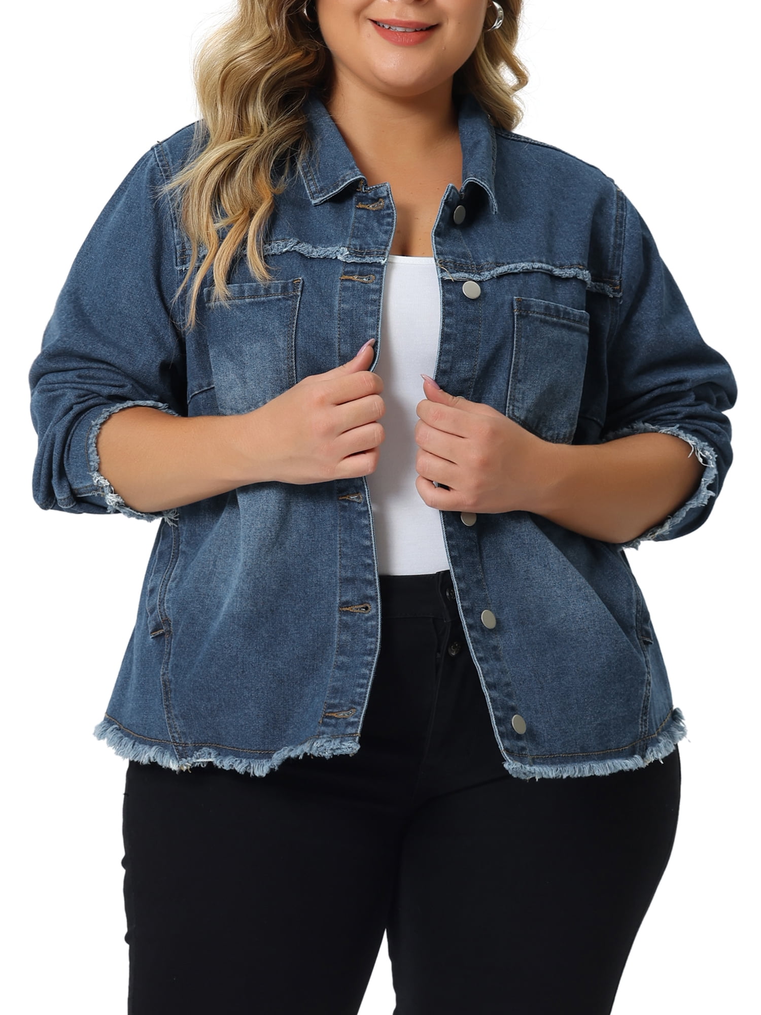 Agnes Orinda Women' s Plus Size Denim Jacket Frayed Hem Long Sleeve Pockets Button Up Denim ...