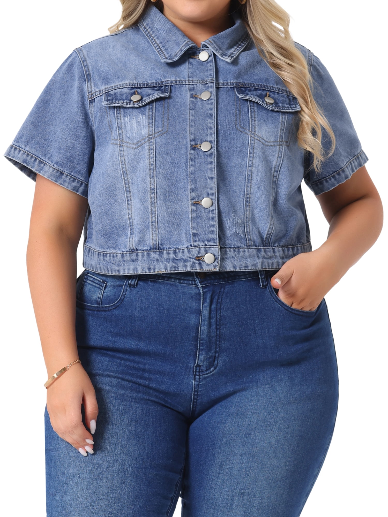 Agnes Orinda Women's Plus Size Denim Jacket Short Sleeves Button Down ...