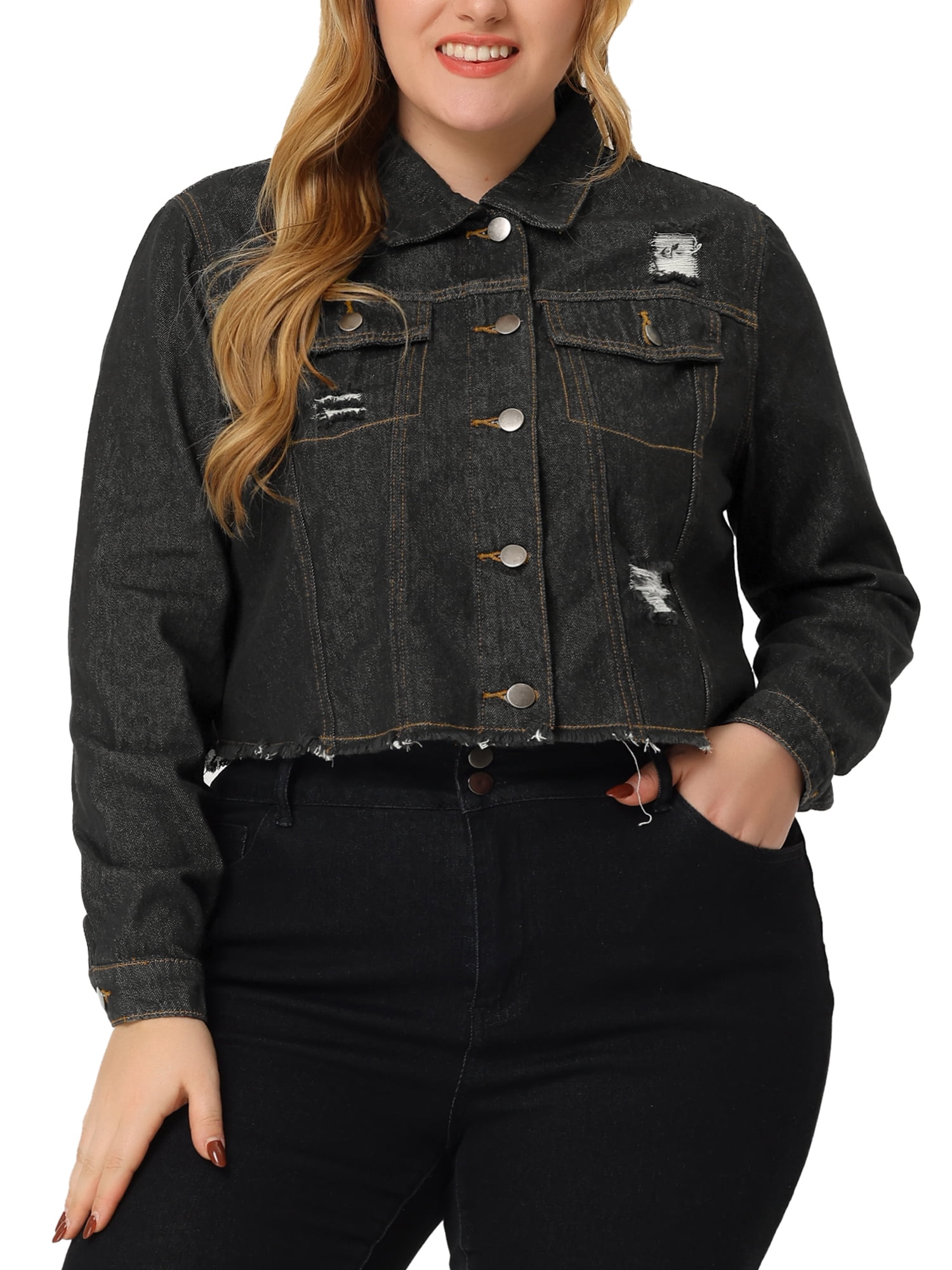 Agnes Orinda Women's Plus Size Denim Jackets Washed Button Front Long ...