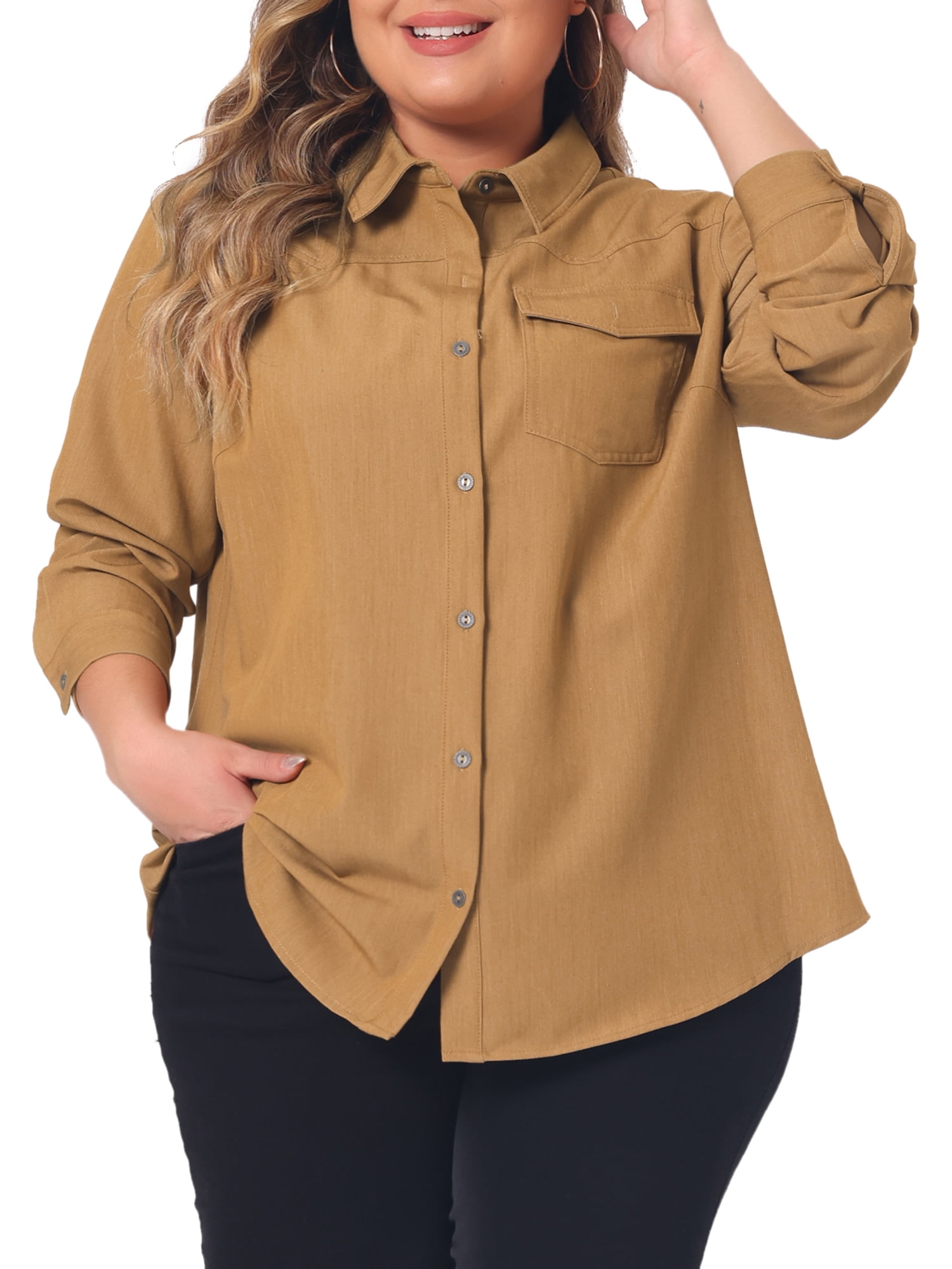 Agnes Orinda Women's Plus Size Denim Shirt Long Sleeves Button Down ...