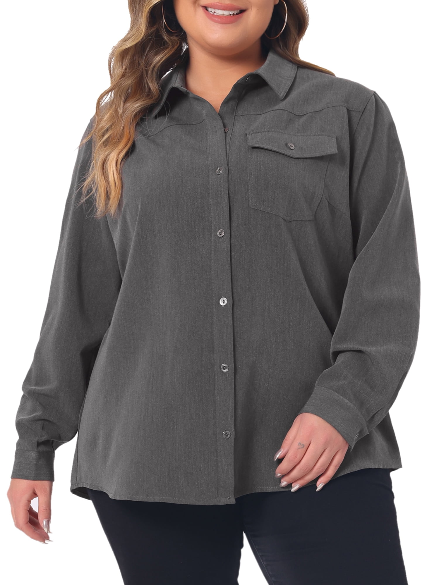Agnes Orinda Women's Plus Size Denim Shirt Long Sleeves Button Down ...