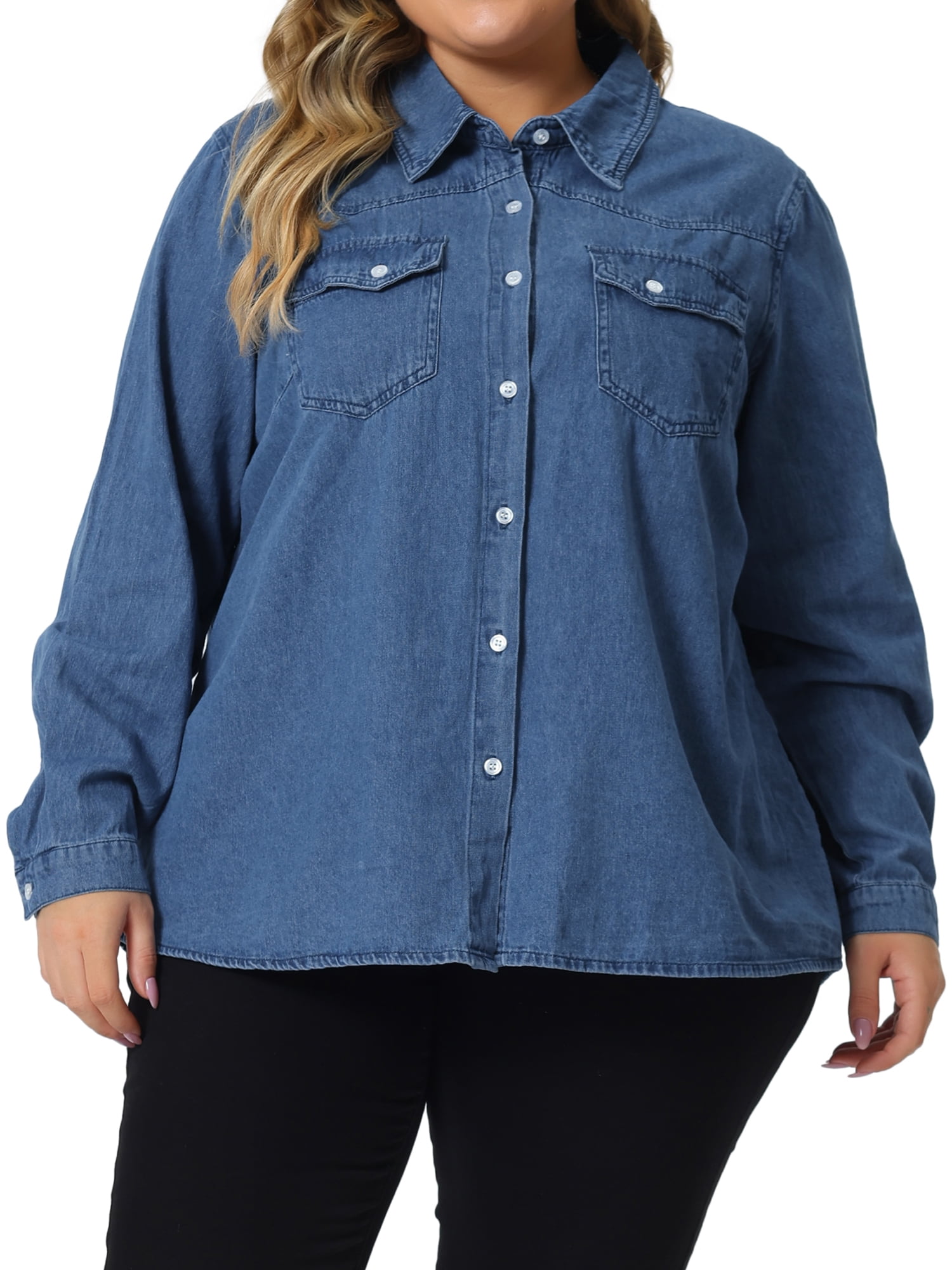 Agnes Orinda Women' s Plus Size Denim Shirt for Long Sleeve Button Down ...