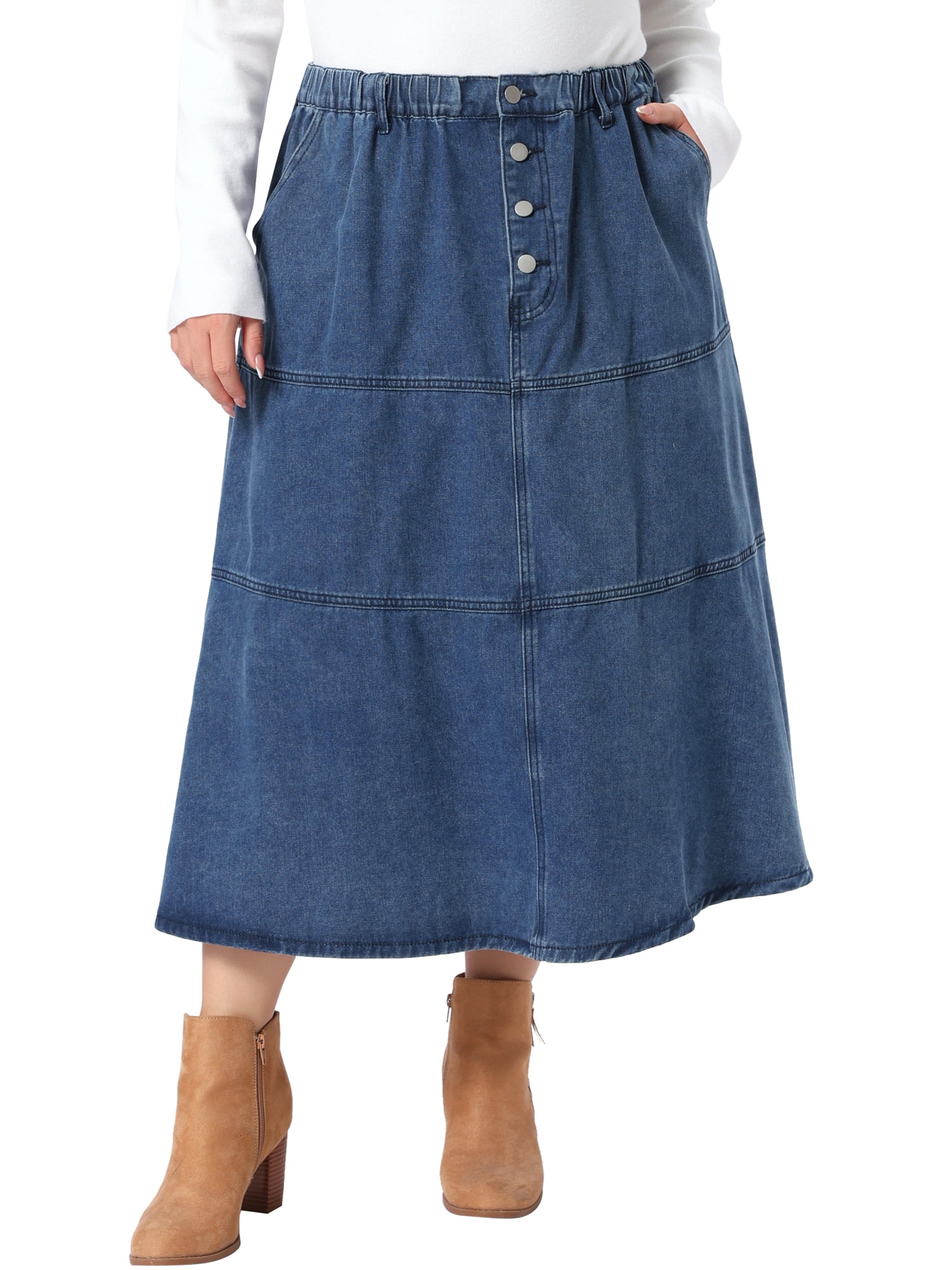 Agnes Orinda Women's Plus Size Denim Skirt Elastic Waist Button Front ...