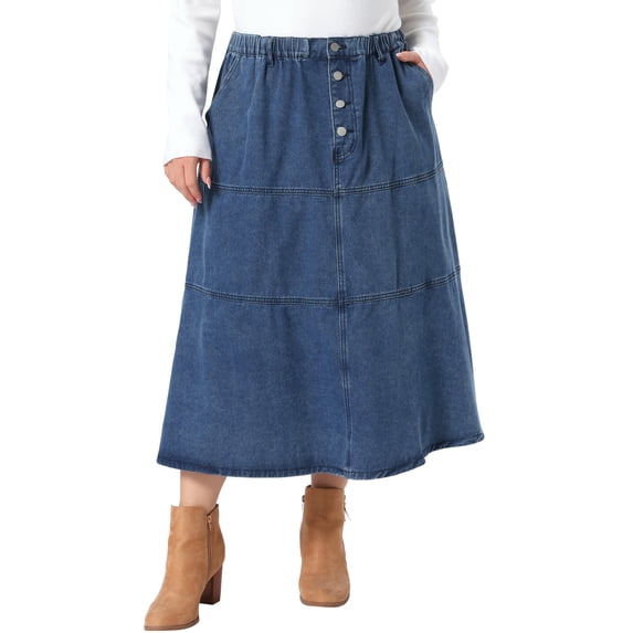 Agnes Orinda Women's Plus Size Denim Skirt Elastic Waist Button Front ...