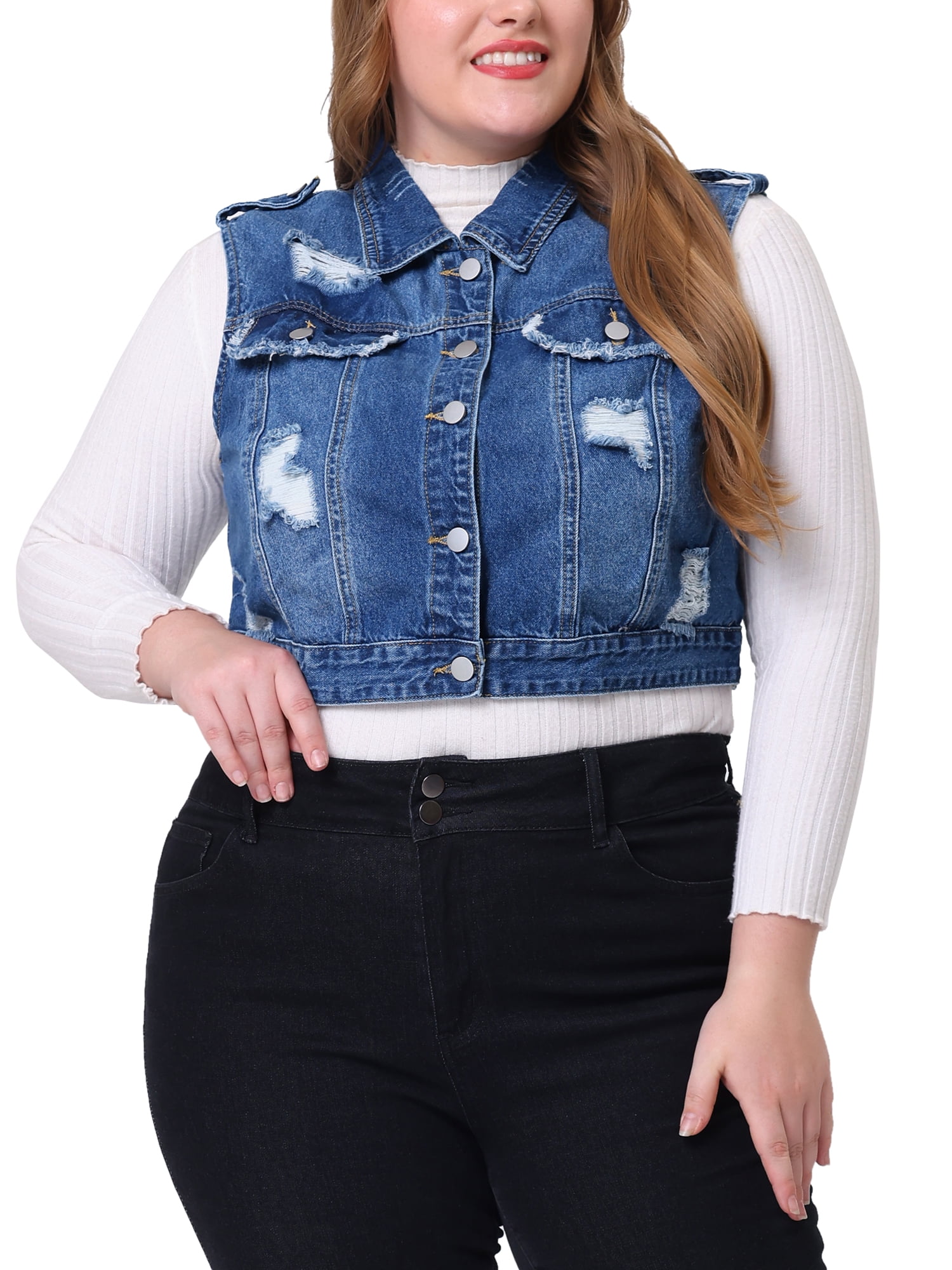 Agnes Orinda Women's Plus Size Denim Sleeveless Chest Pockets Vests ...