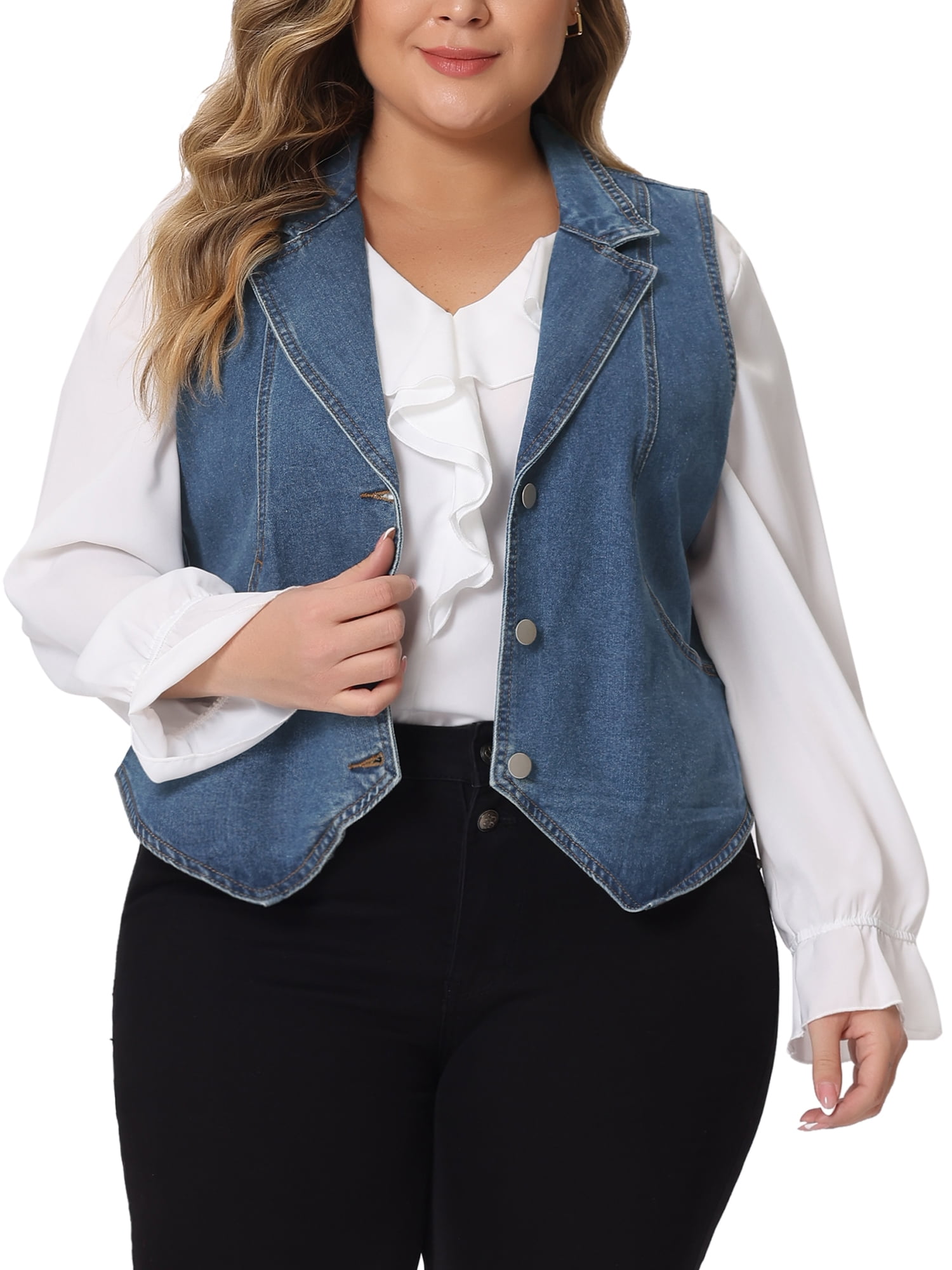Agnes Orinda Plus Size Denim Vest for Women Lapel Sleeveless Casual ...