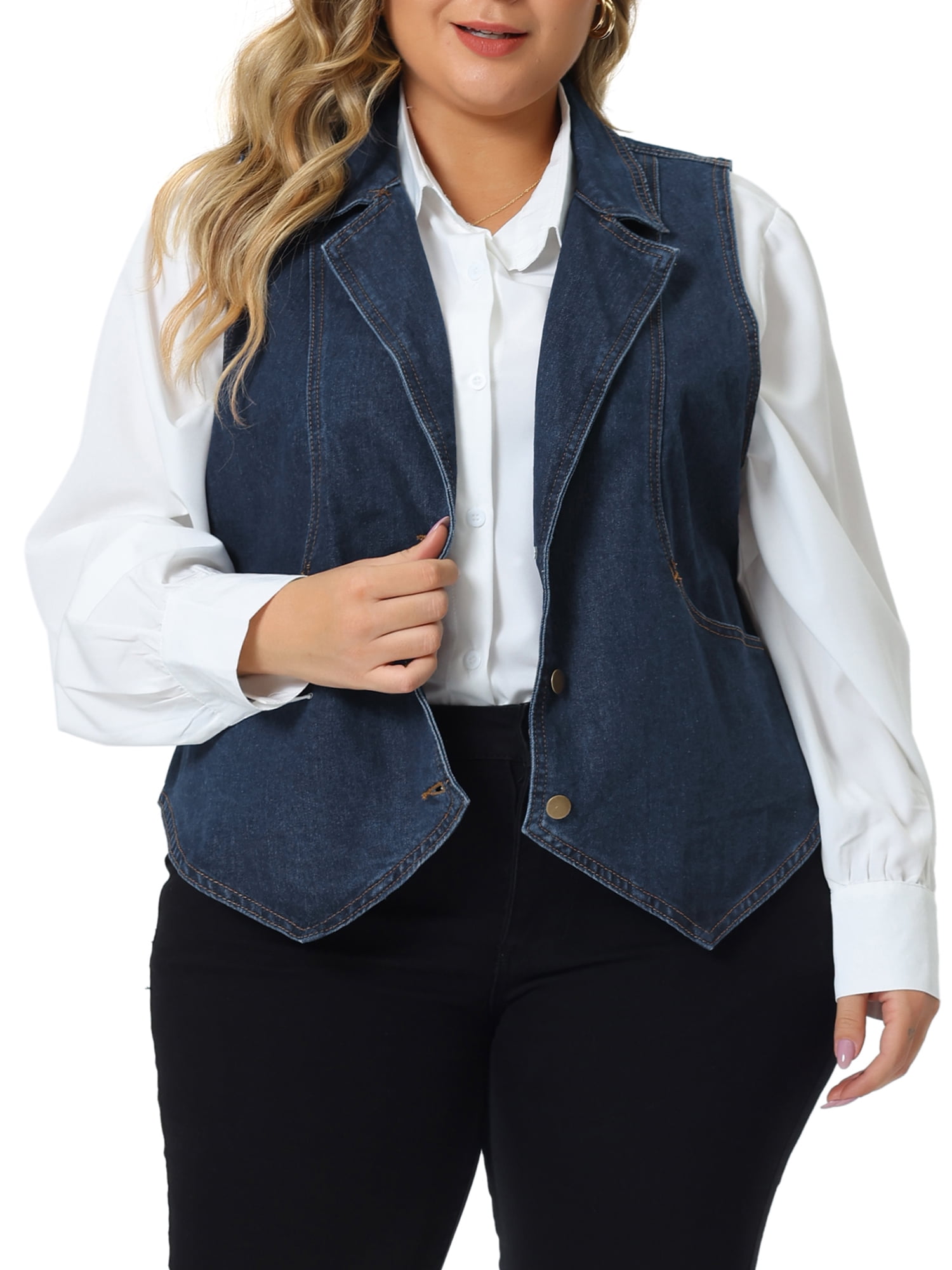 Agnes Orinda Plus Size Denim Vest for Women Lapel Sleeveless Casual ...