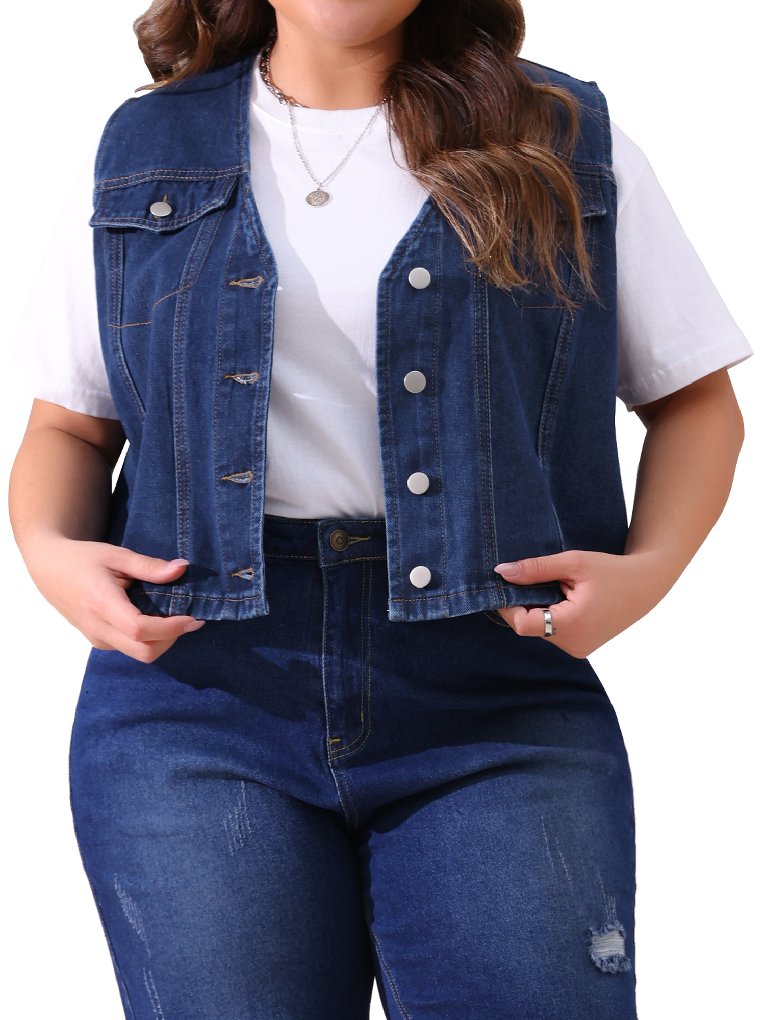 Agnes Orinda Women's Plus Size Cropped Denim Vest Button Down V Neck ...