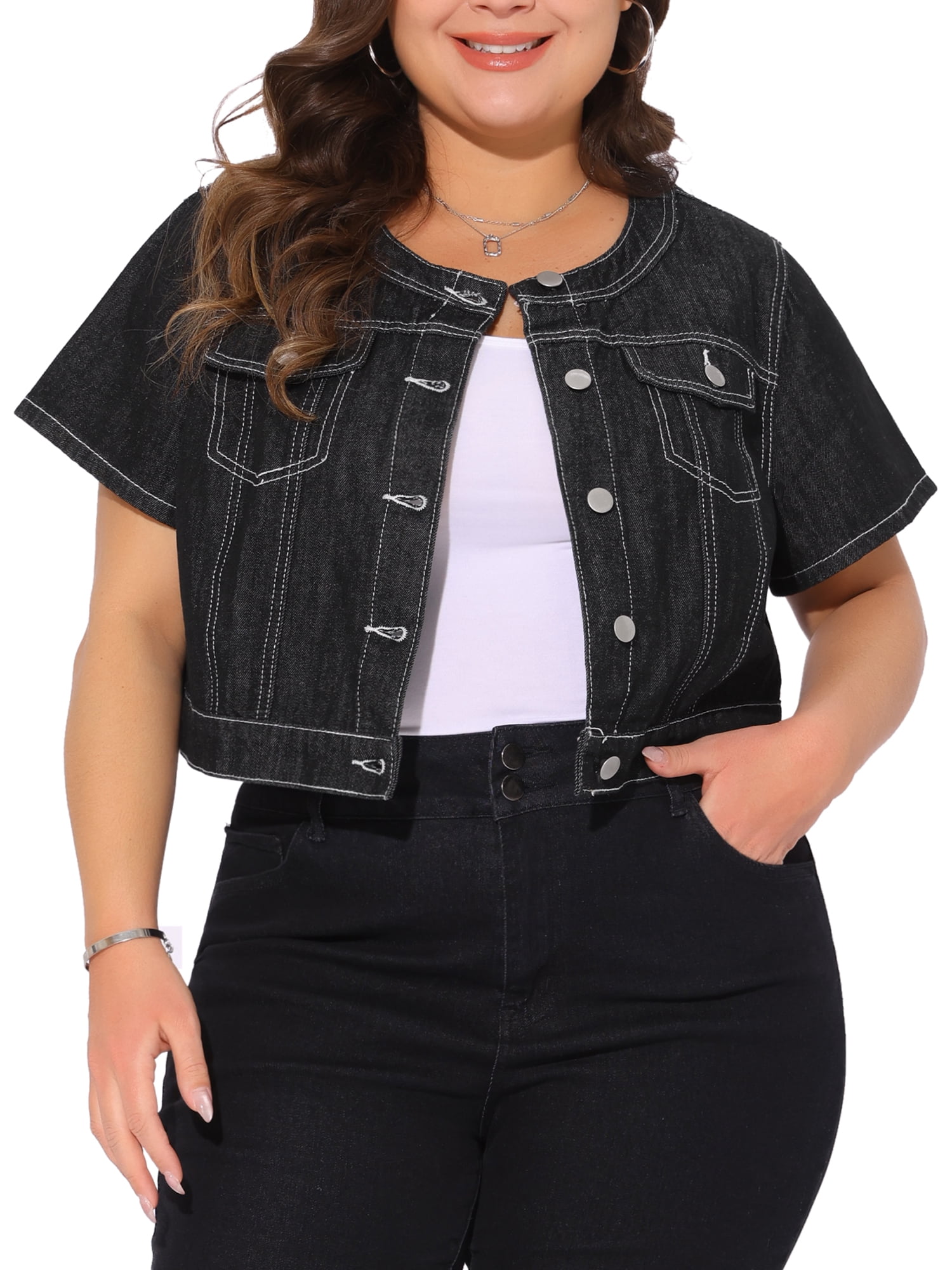Agnes Orinda Women's Plus Size Cropped Denim Vest Crew Neck Button Down ...