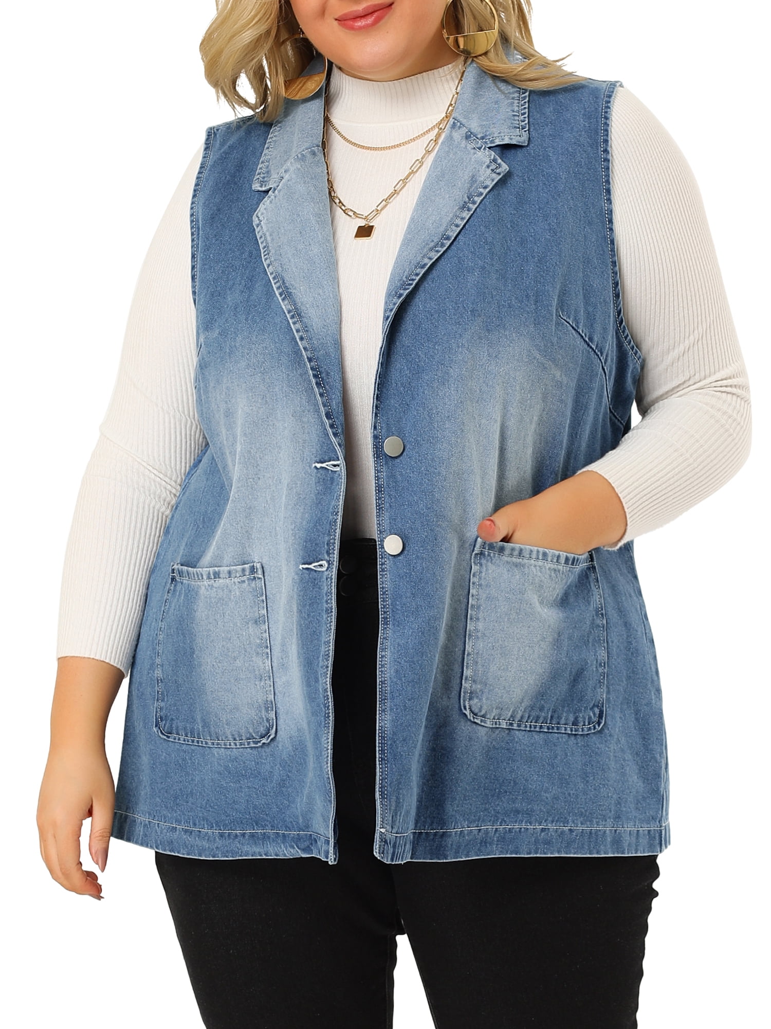 Agnes Orinda Women's Plus Size Denim Vests Sleeveless Lapel Jean ...