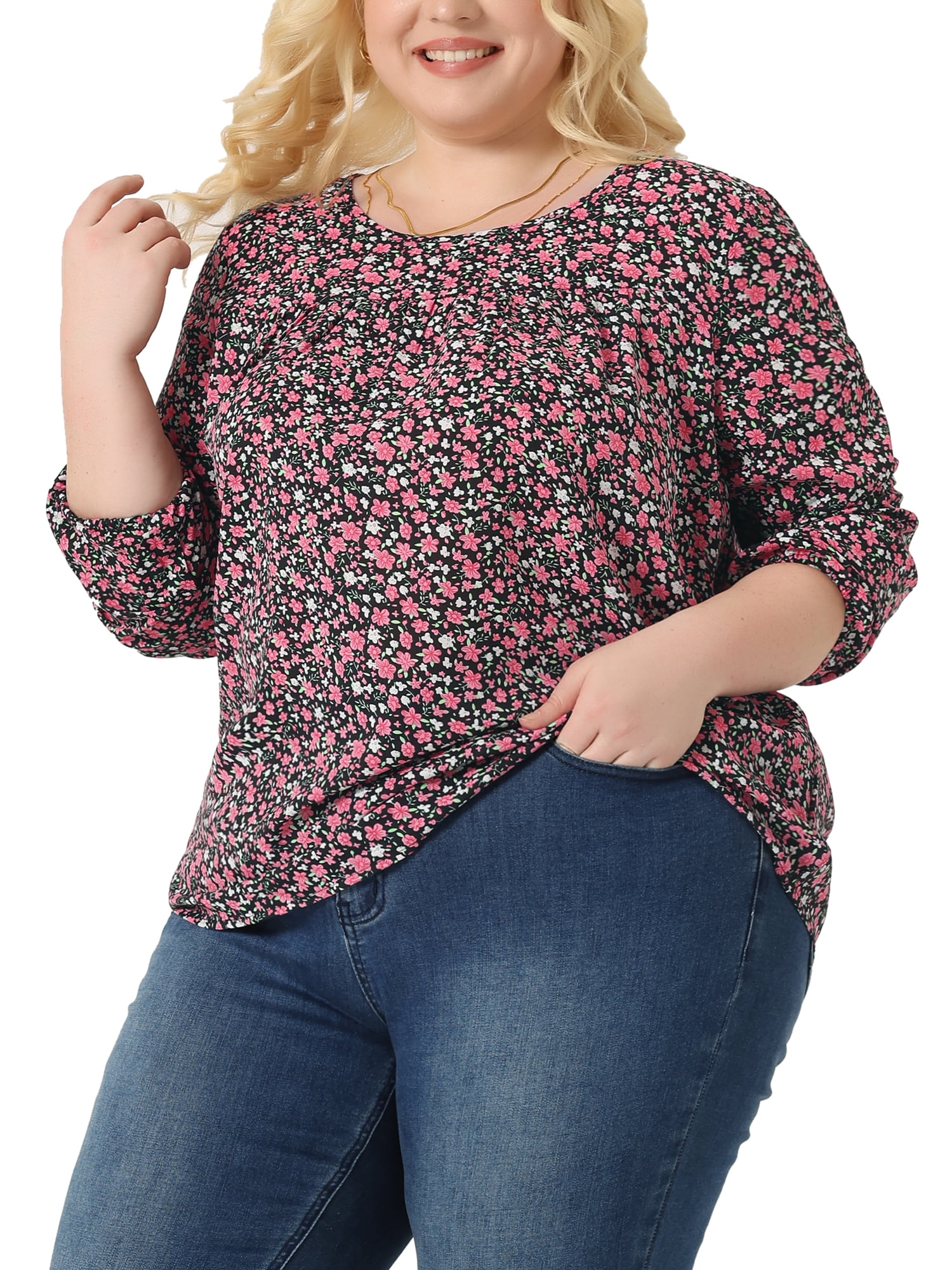 Agnes Orinda Women's Plus Size Ditsy Floral Elastic Cuff Peasant ...