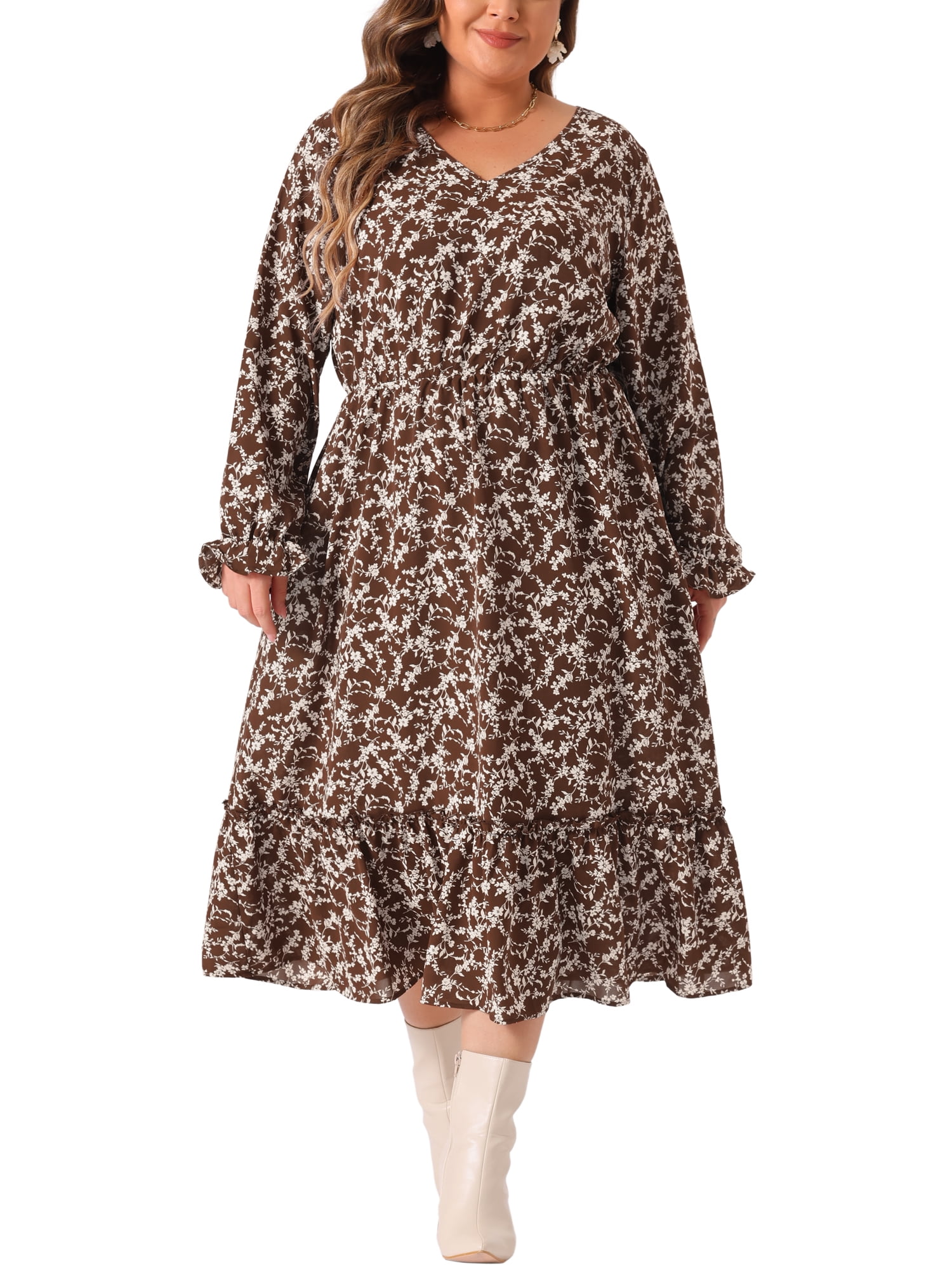 Agnes Orinda Women's Plus Size Dress Boho Floral Print V Neck Long ...