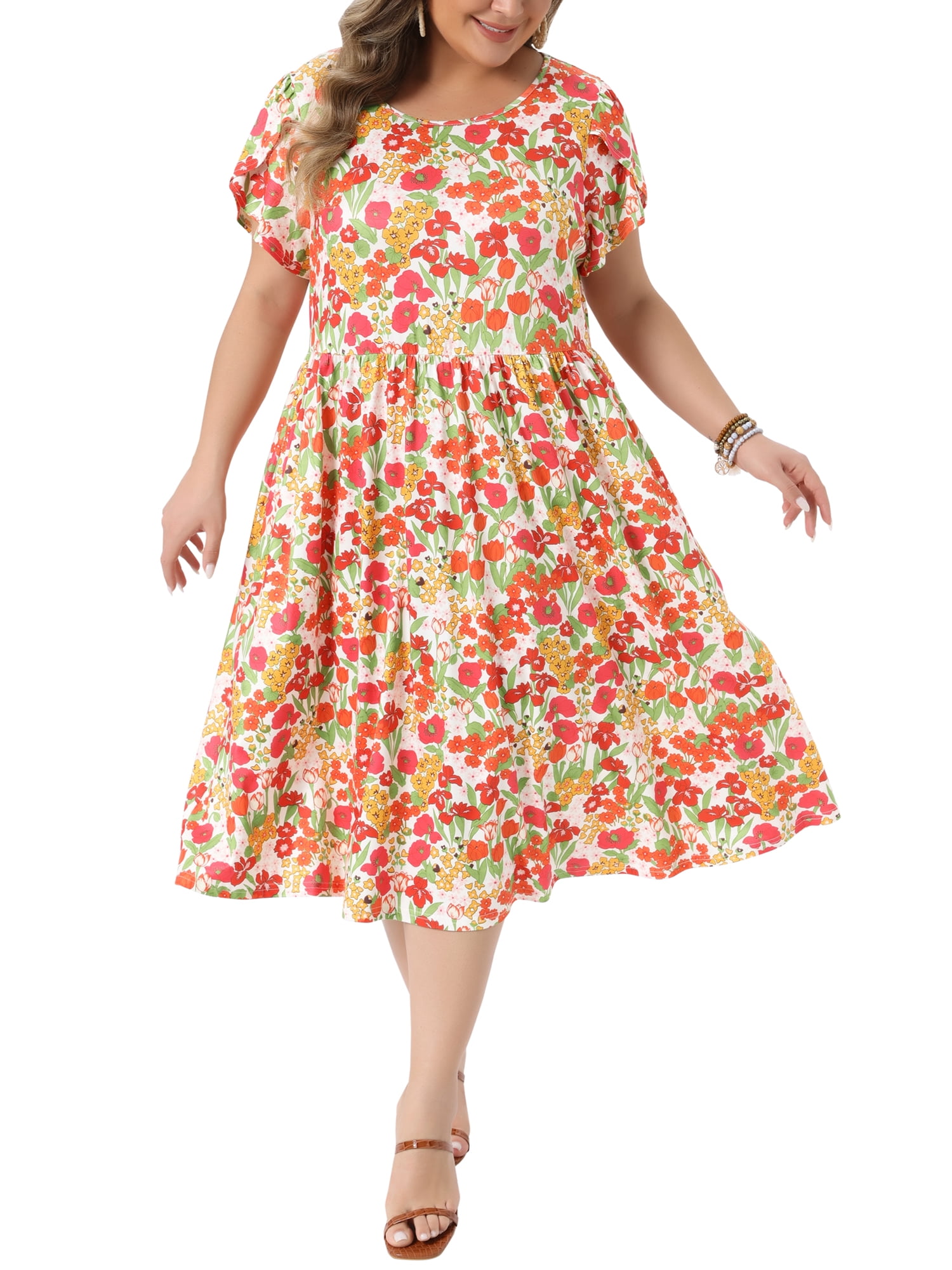Agnes Orinda Women's Plus Size Dress Floral Print Crew Neck Tulip Short ...