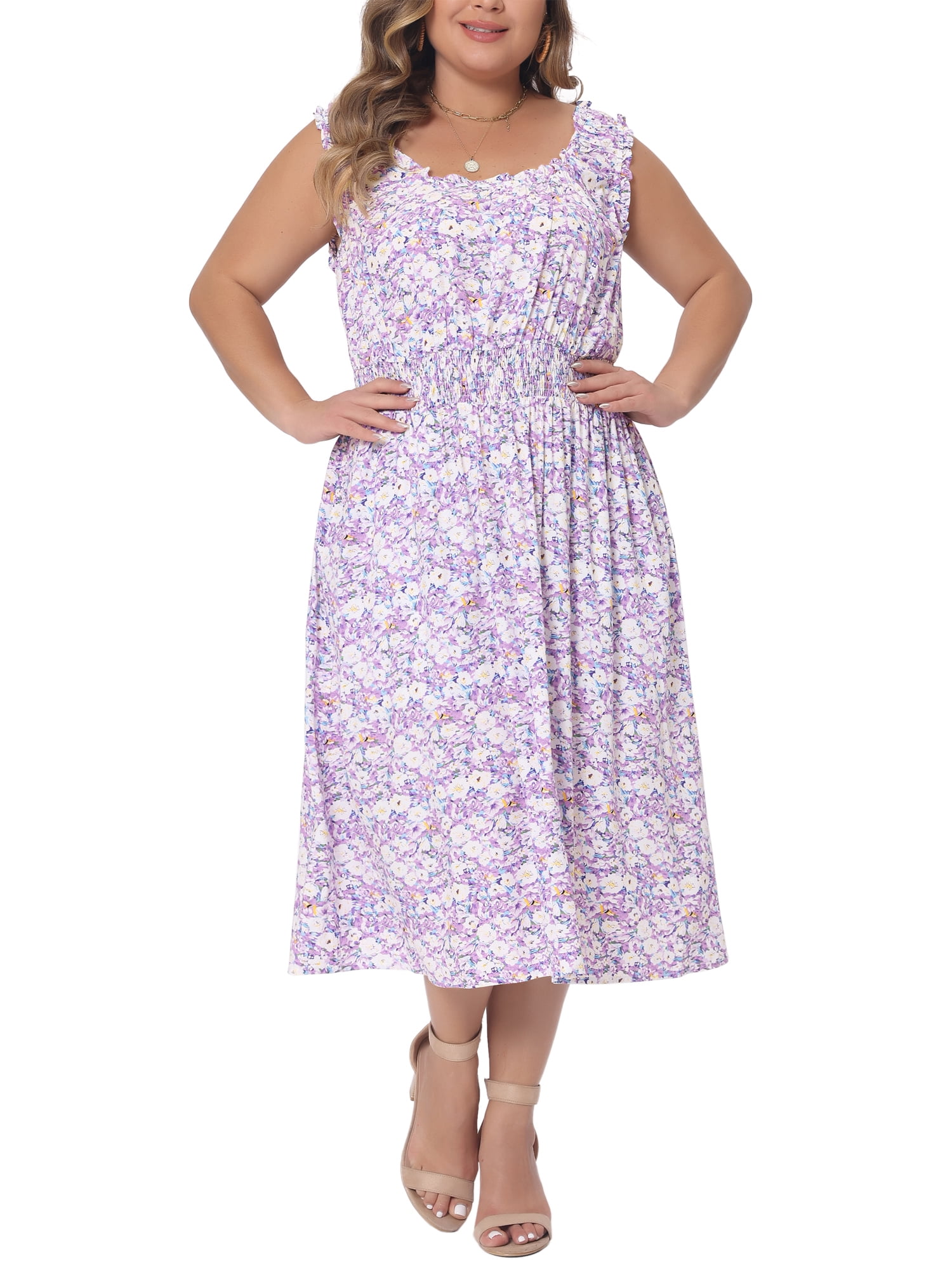 Agnes Orinda Women's Plus Size Dress Square Neck Sleeveless Floral ...