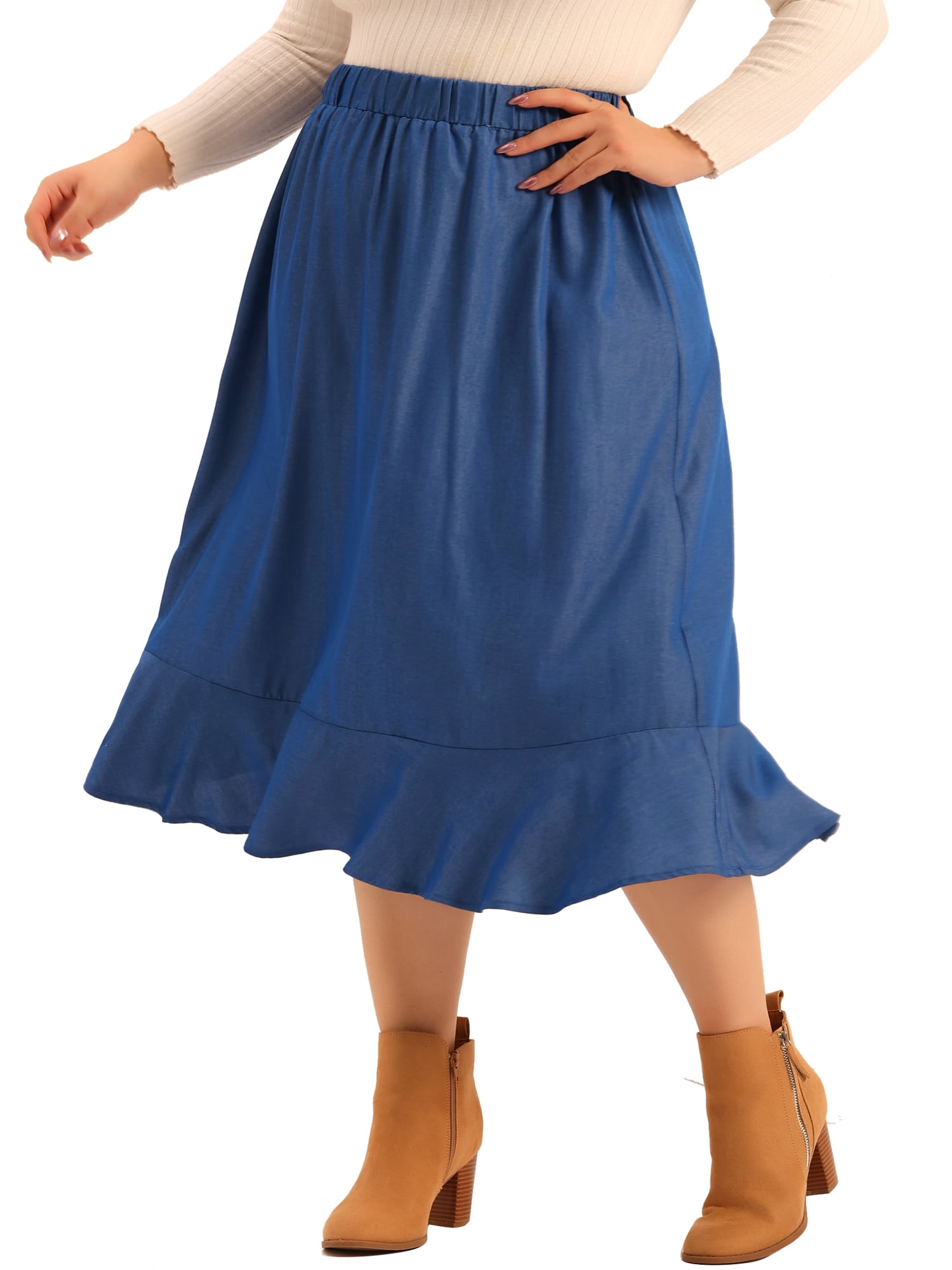 Agnes Orinda Women's Plus Size Elastic Waist Ruffled Hem Chambray Midi ...