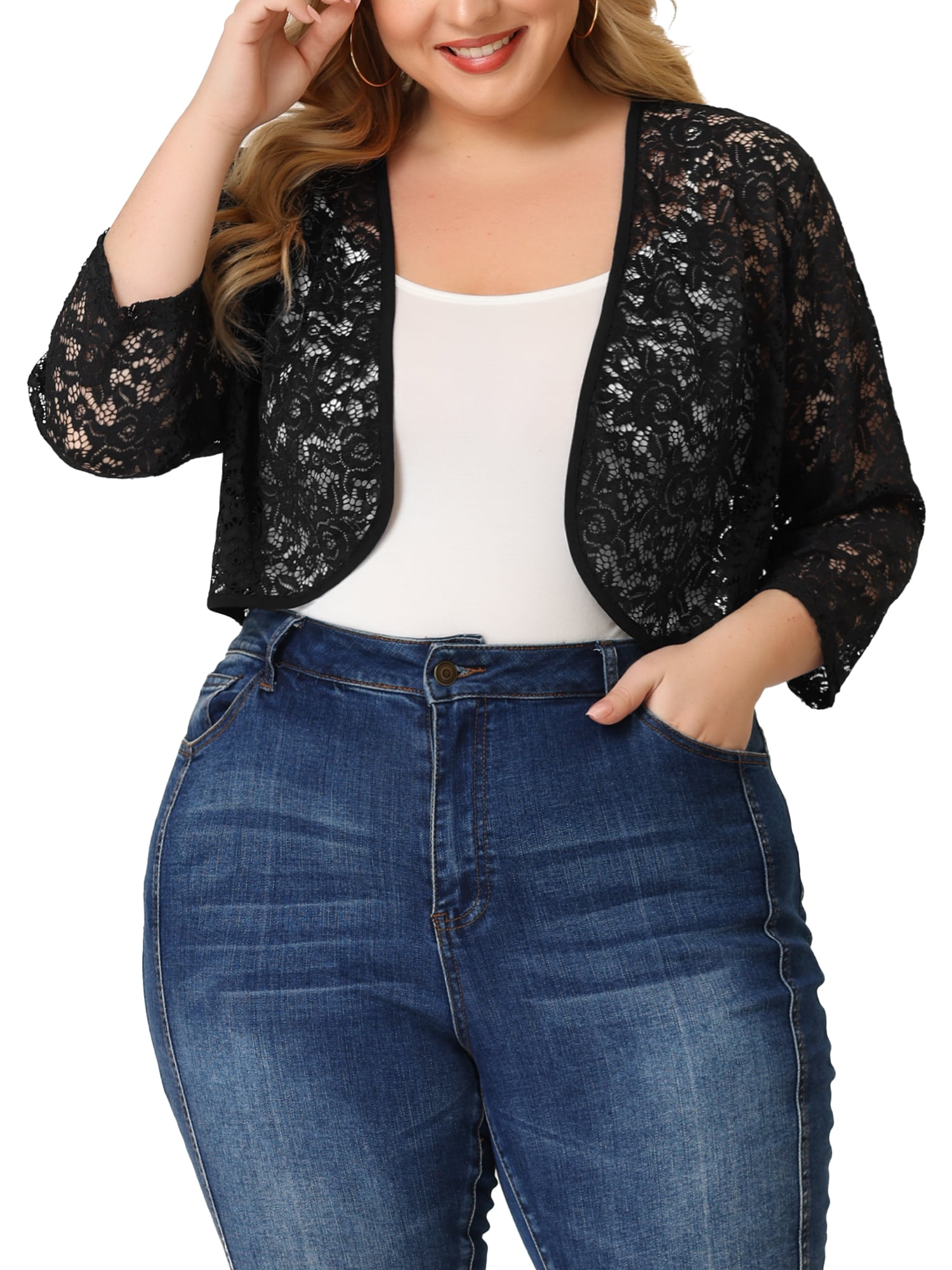 Agnes Orinda Women's Plus Size Elegant Hollow Out 1/2 Sleeve Crop Shrug ...