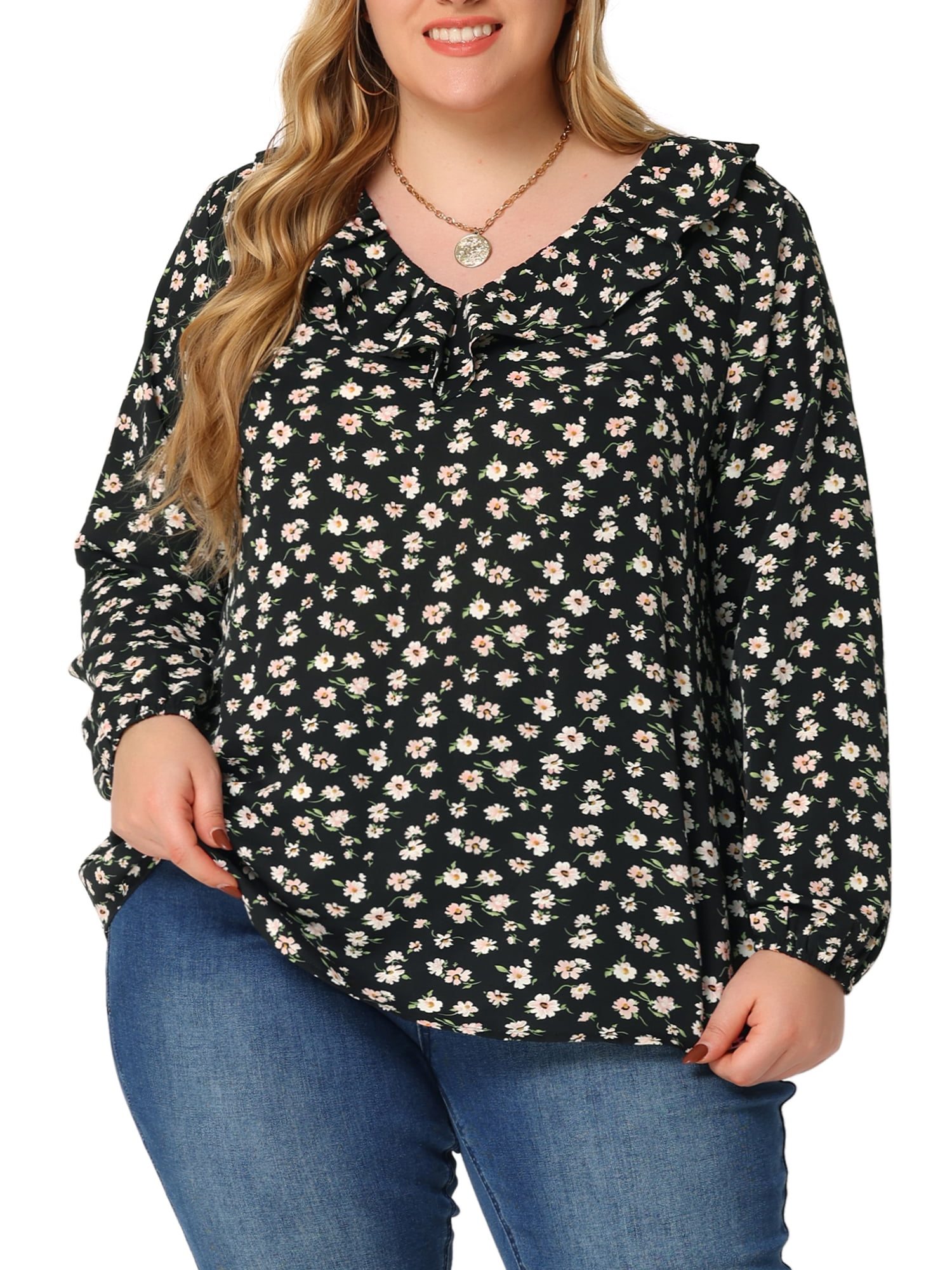 Agnes Orinda Women's Plus Size Elegant Ruffle V Neck Long Sleeves ...