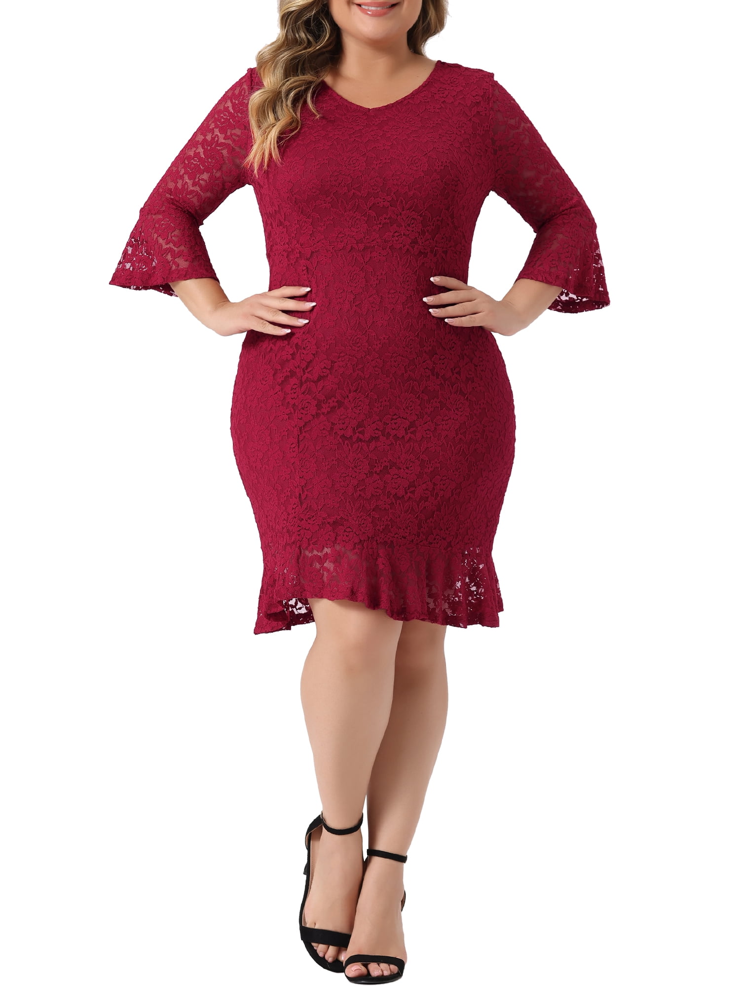 Agnes Orinda Womens Plus Size Engagement V Neck Fla Sleeve Ruffle Hem