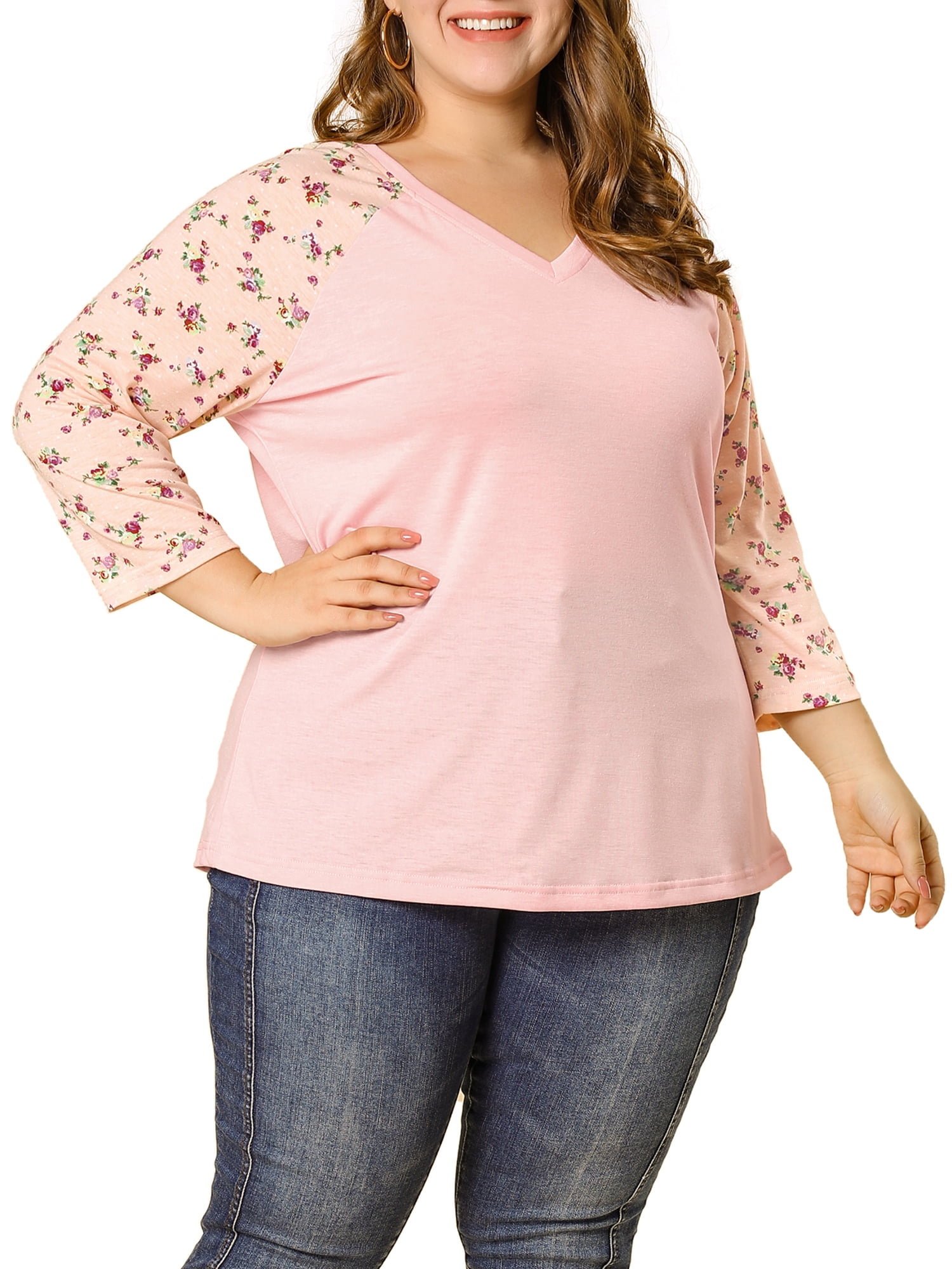 Agnes Orinda Womens Plus Size Fall Contrast Panel Floral V Neck 3 4